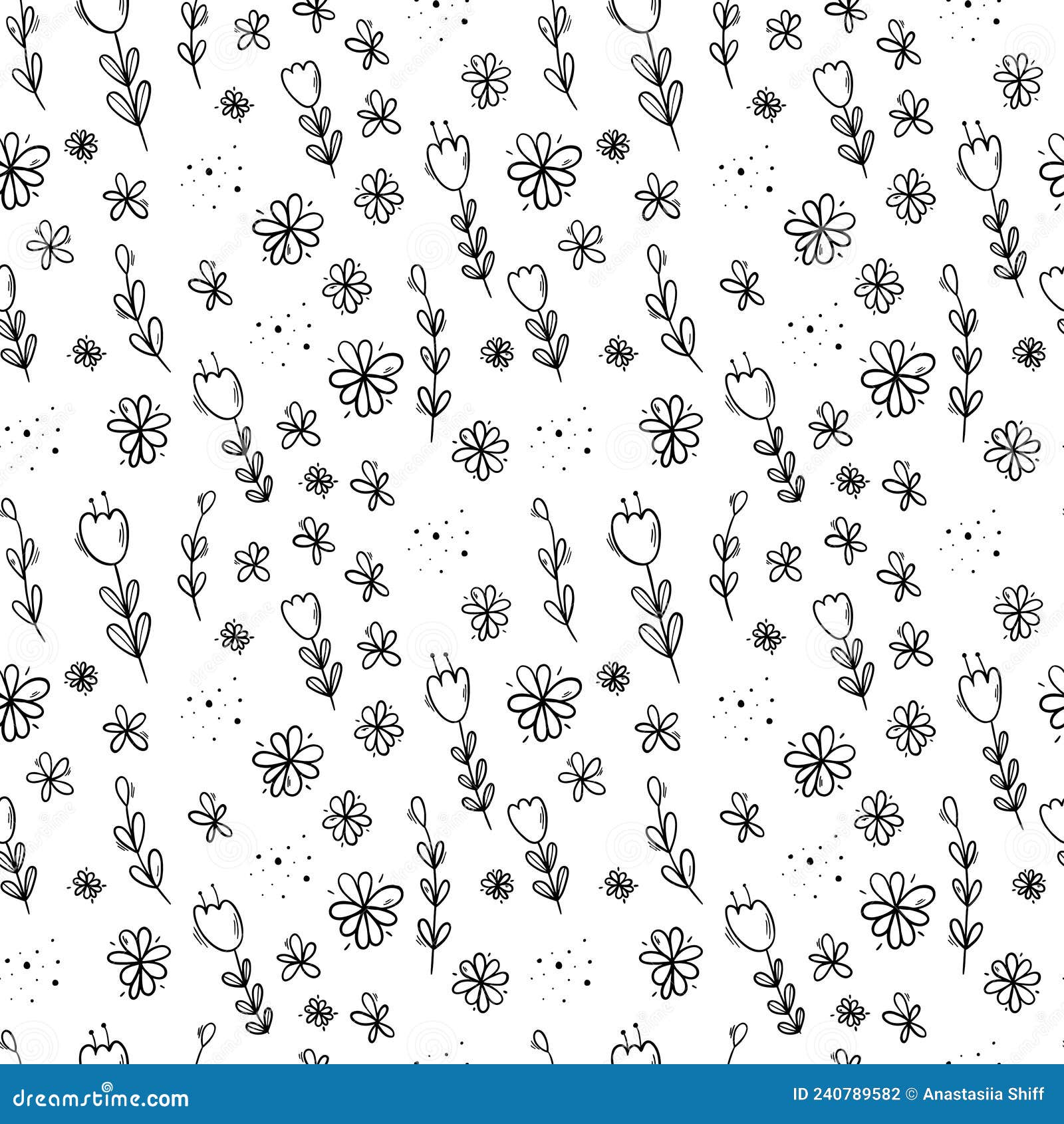 Doodle Black Flowers Outline Seamless Pattern on White. Stock Vector ...