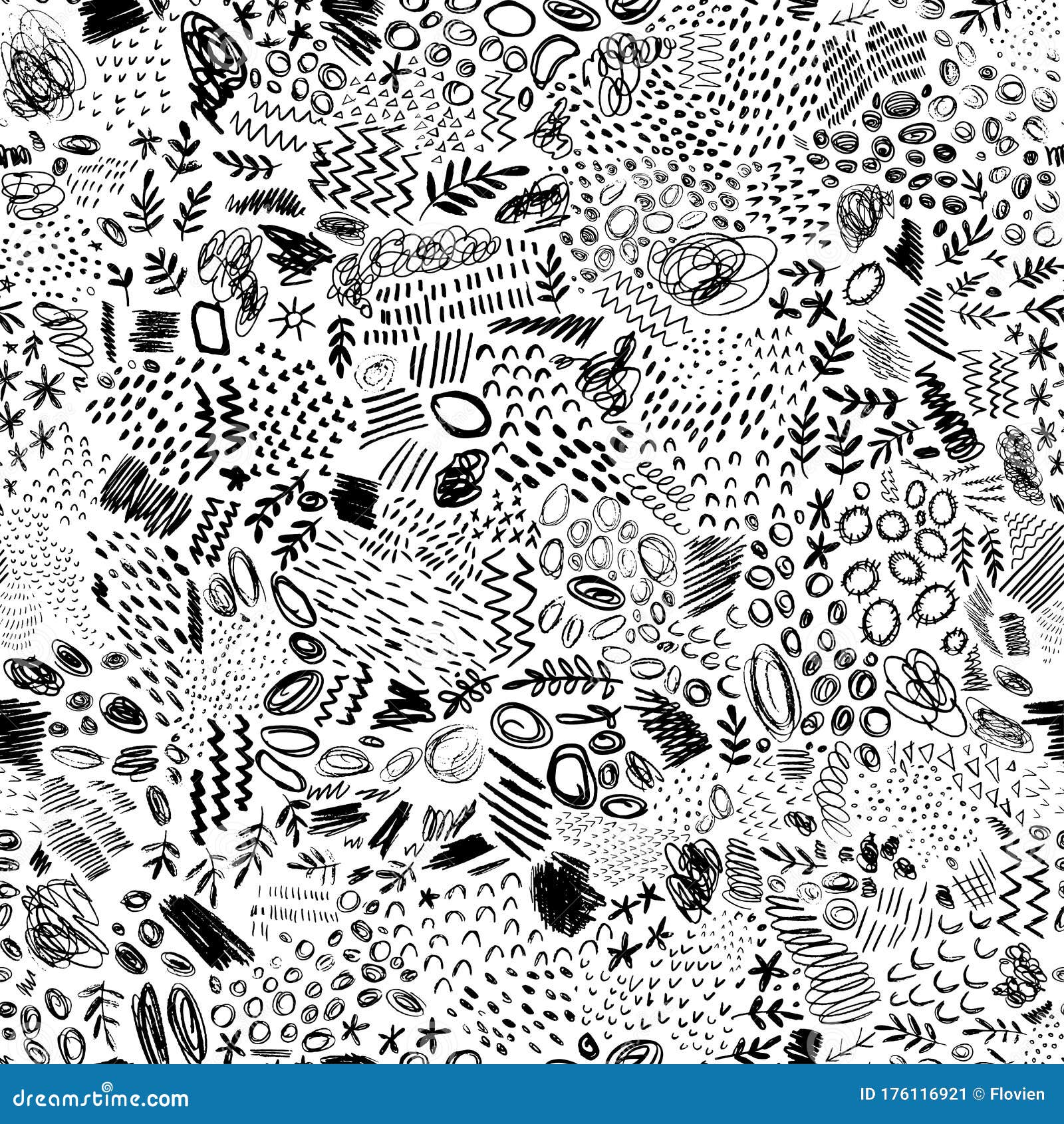 Doodle Black and White Seamless Pattern. a Large Set of Freehand Drawn ...