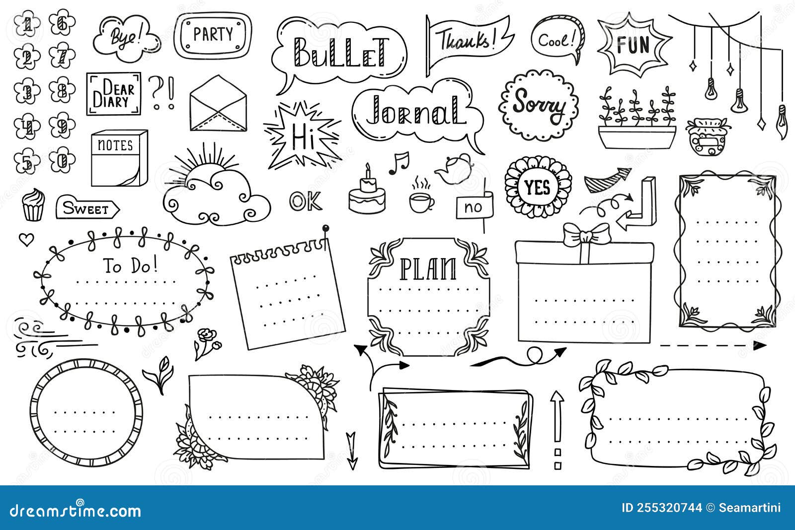 Doodle Bullet Journal, Diary Notebook Frames Stock Vector ...