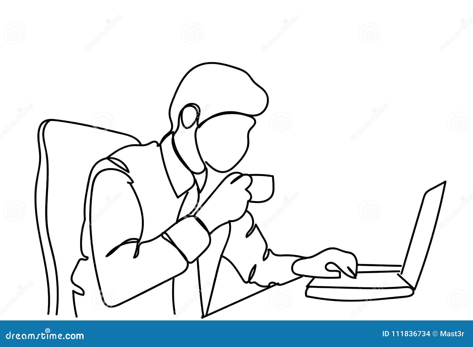 Doodle Business Man Drink Coffee or Tea Working with Laptop Computer ...
