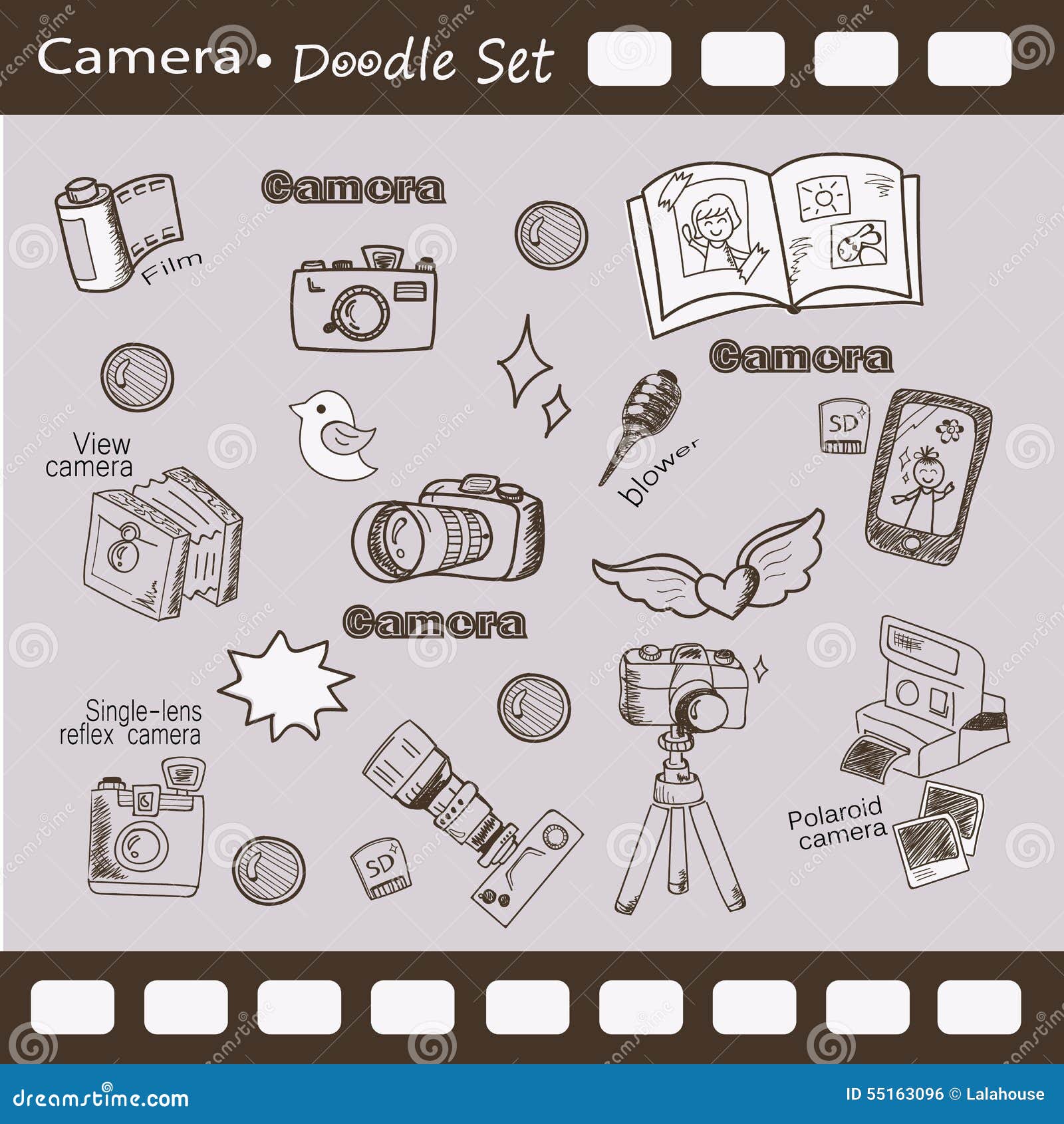 Doodle camera set stock vector. Illustration of light - 55163096
