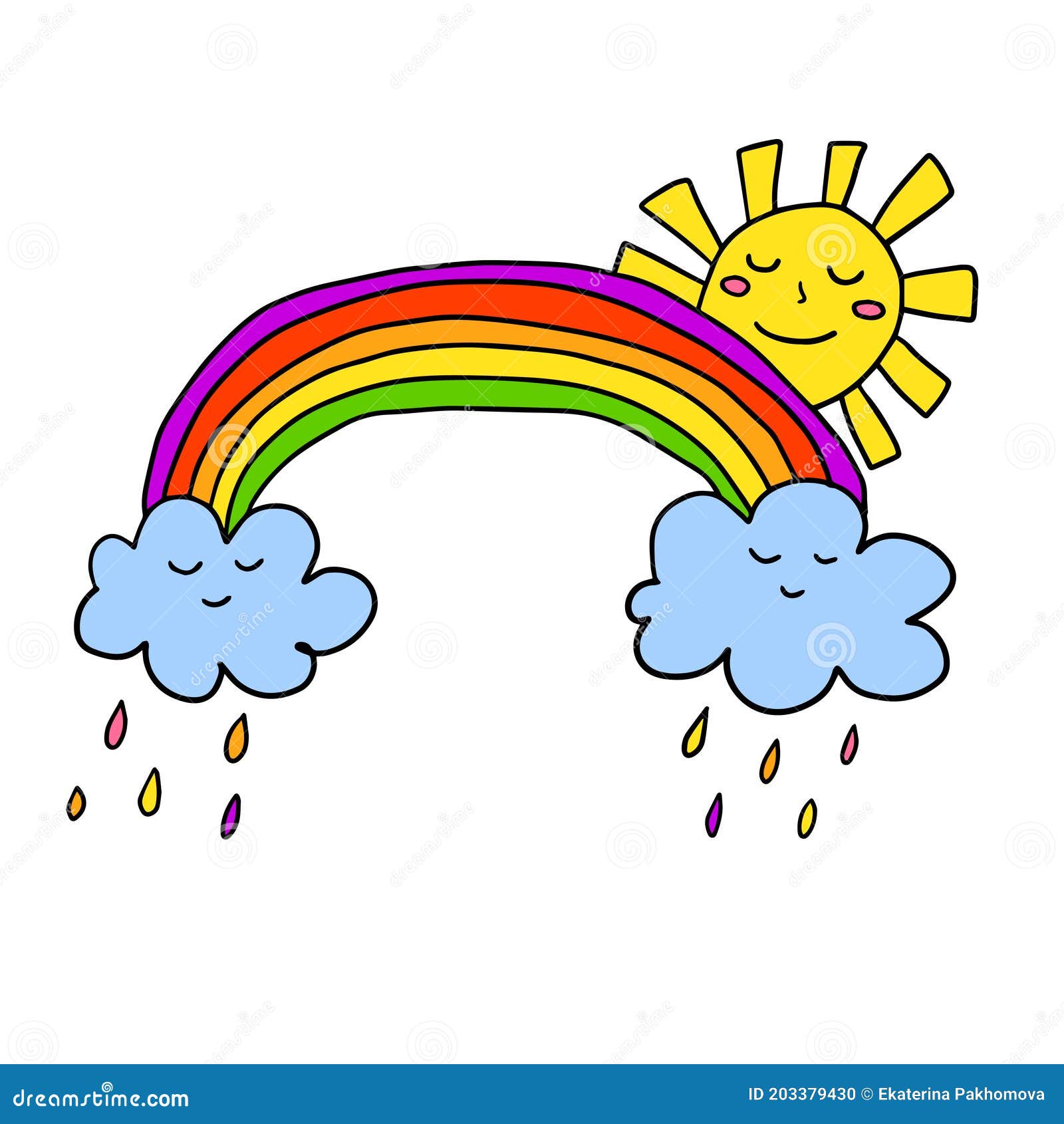 Cartoon Linear Doodle Retro Rainbow, Sun and Rainy Clouds Isolated ...