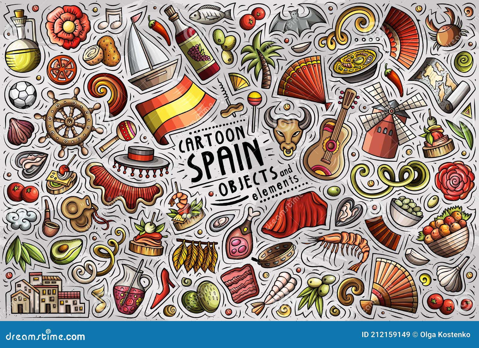 Doodle Cartoon Set of Spain Objects and Symbols Stock Vector ...
