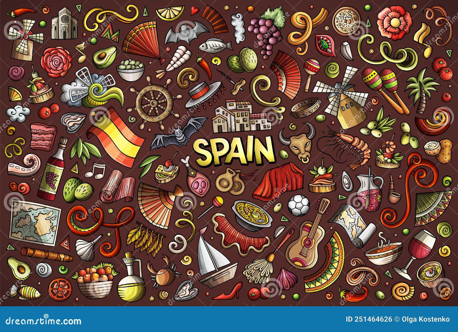 Doodle Cartoon Set of Spain Objects and Symbols Stock Vector ...