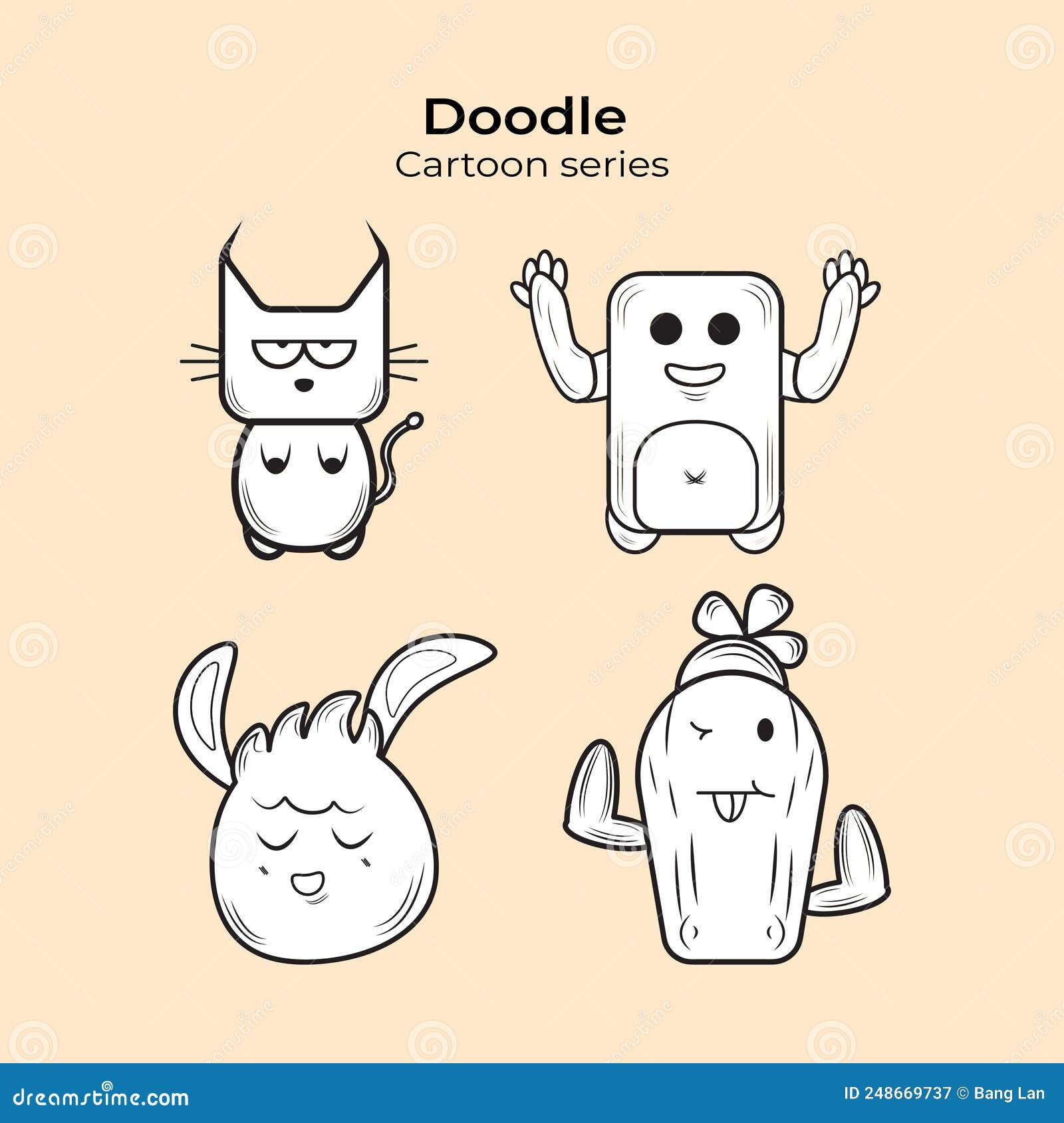 Cartoon Series of Doodle Characters in Black and White Stock Vector ...
