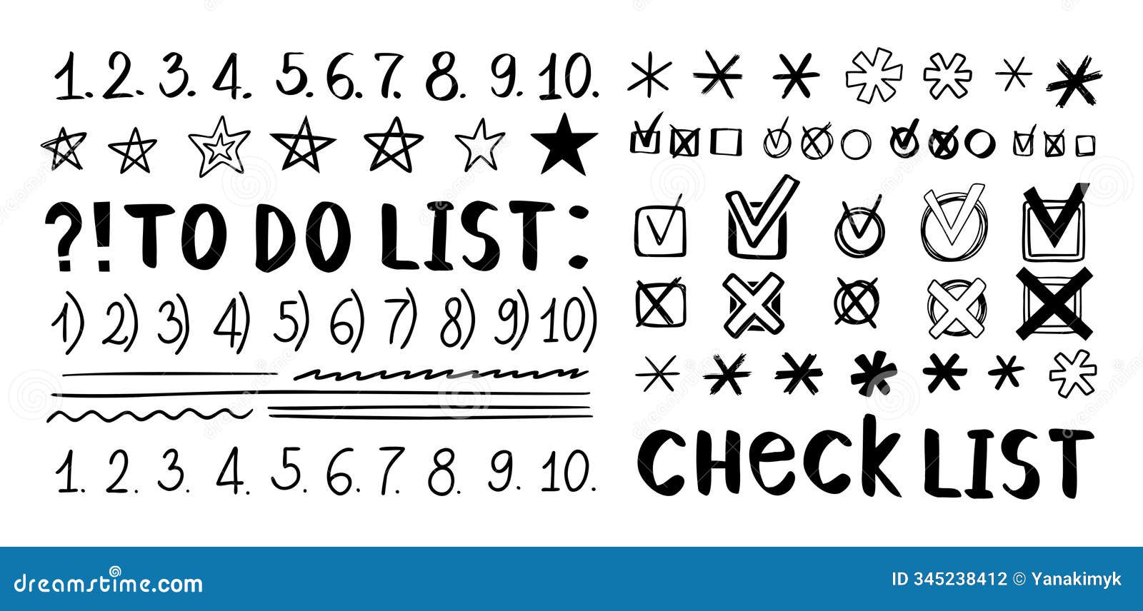 Doodle Checklist, Hand Drawn Check Marks, Asterisks and Numbers. To Do ...