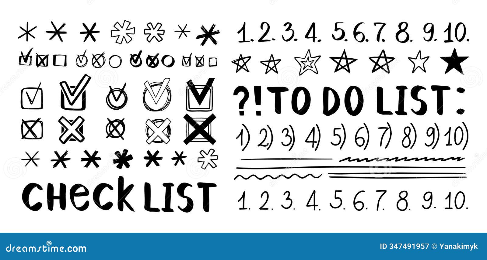 Doodle Checklist, Hand Drawn Check Marks, Asterisks and Numbers. To Do ...