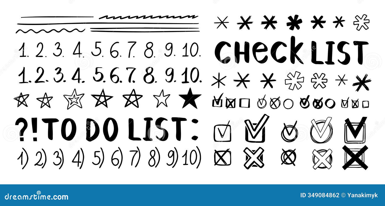 Doodle Checklist, Hand Drawn Check Marks, Asterisks And Numbers. To Do ...