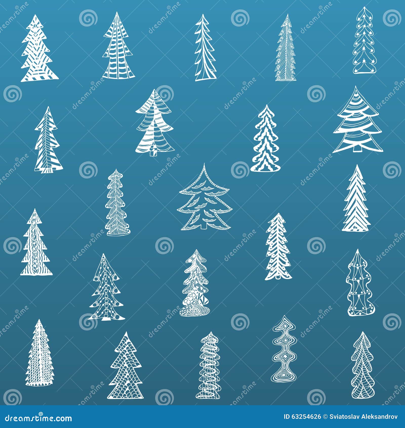 Doodle Christmas Tree Set on Blue Background Stock Vector ...