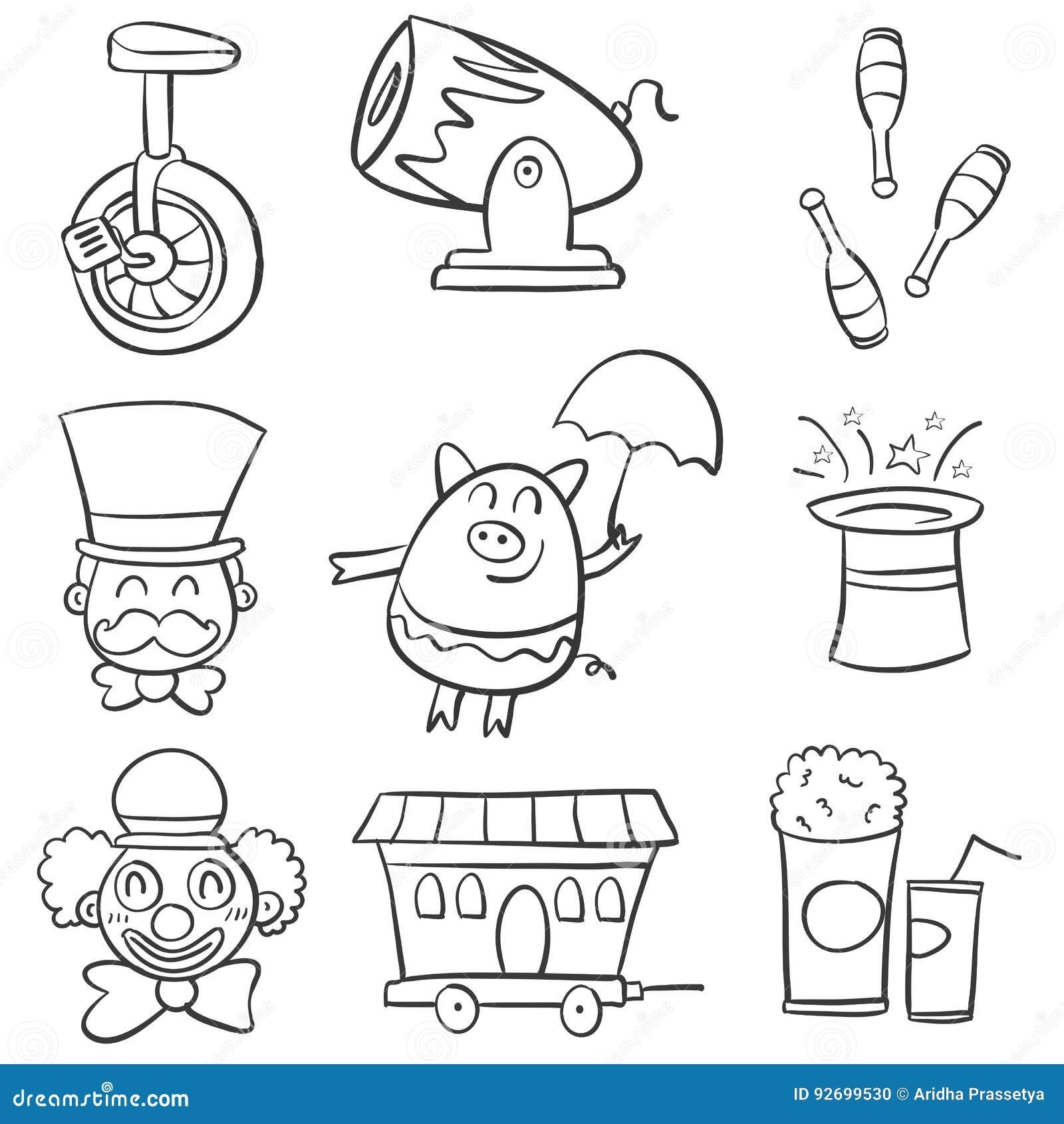 Doodle Circus Various Element Stock Vector - Illustration of clown, bike: 92699530