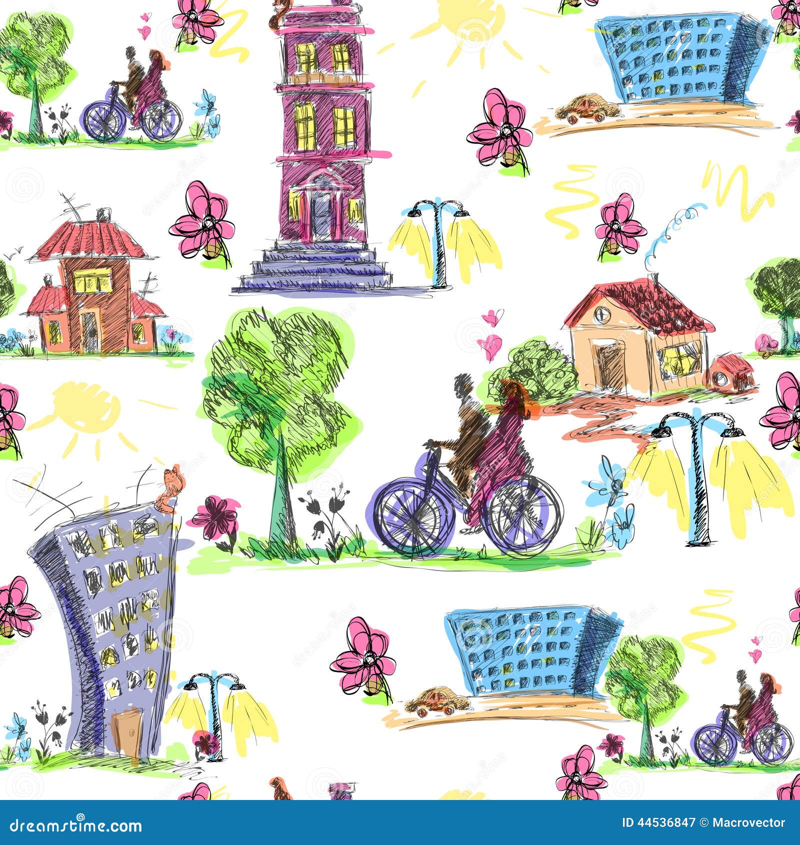 Doodle City Colored Seamless Pattern Cartoon Vector | CartoonDealer.com ...