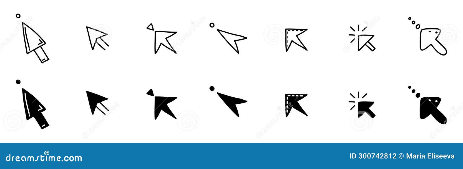 Doodle Click Icon Set. Hand Drawn Mouse Cursor Button. Digital Arrow Pointer for Website ...