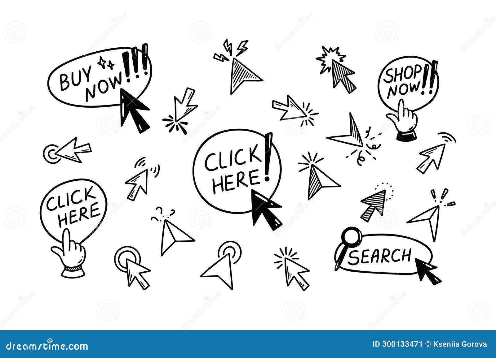 Doodle Click Icon Set. Hand Drawn Mouse Cursor. Press Here Tap Button ...