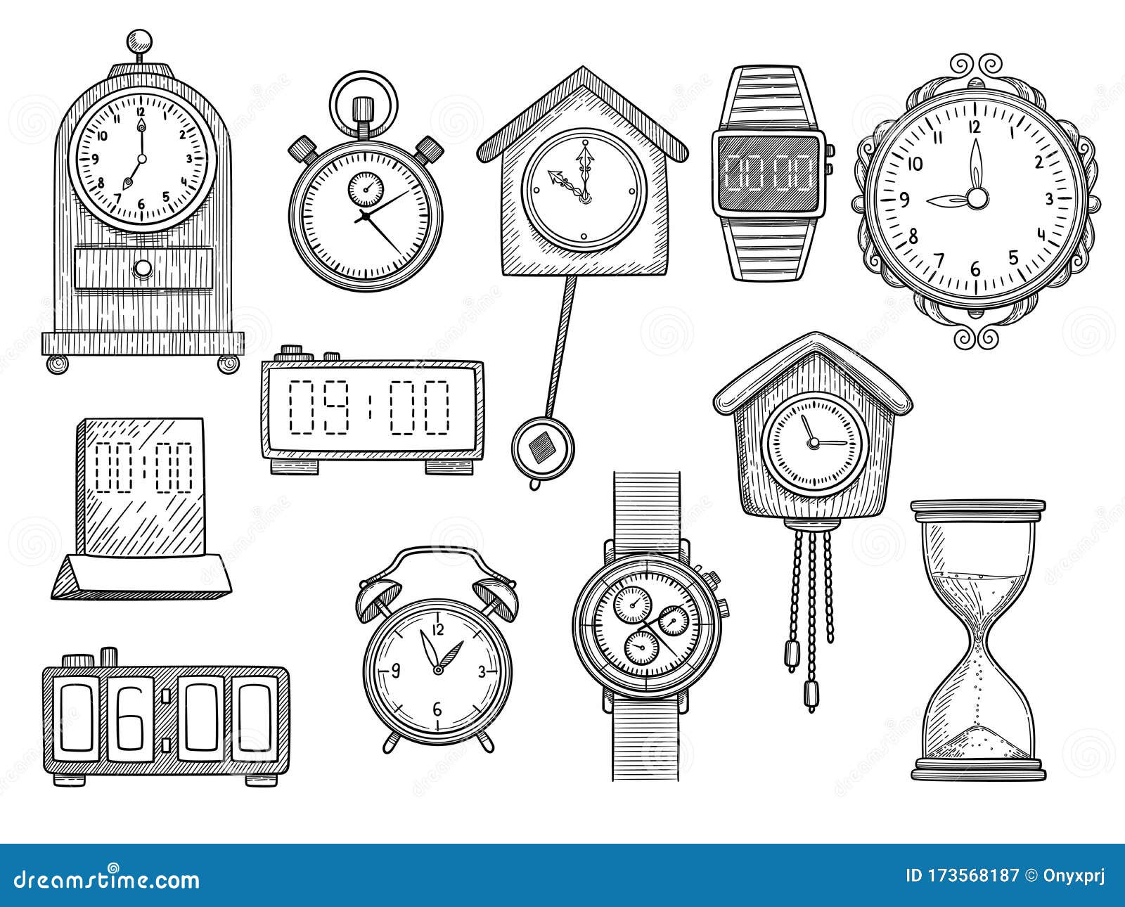 Doodle Clocks. Watches Timer Alarm Vector Drawings Illustrations Set ...