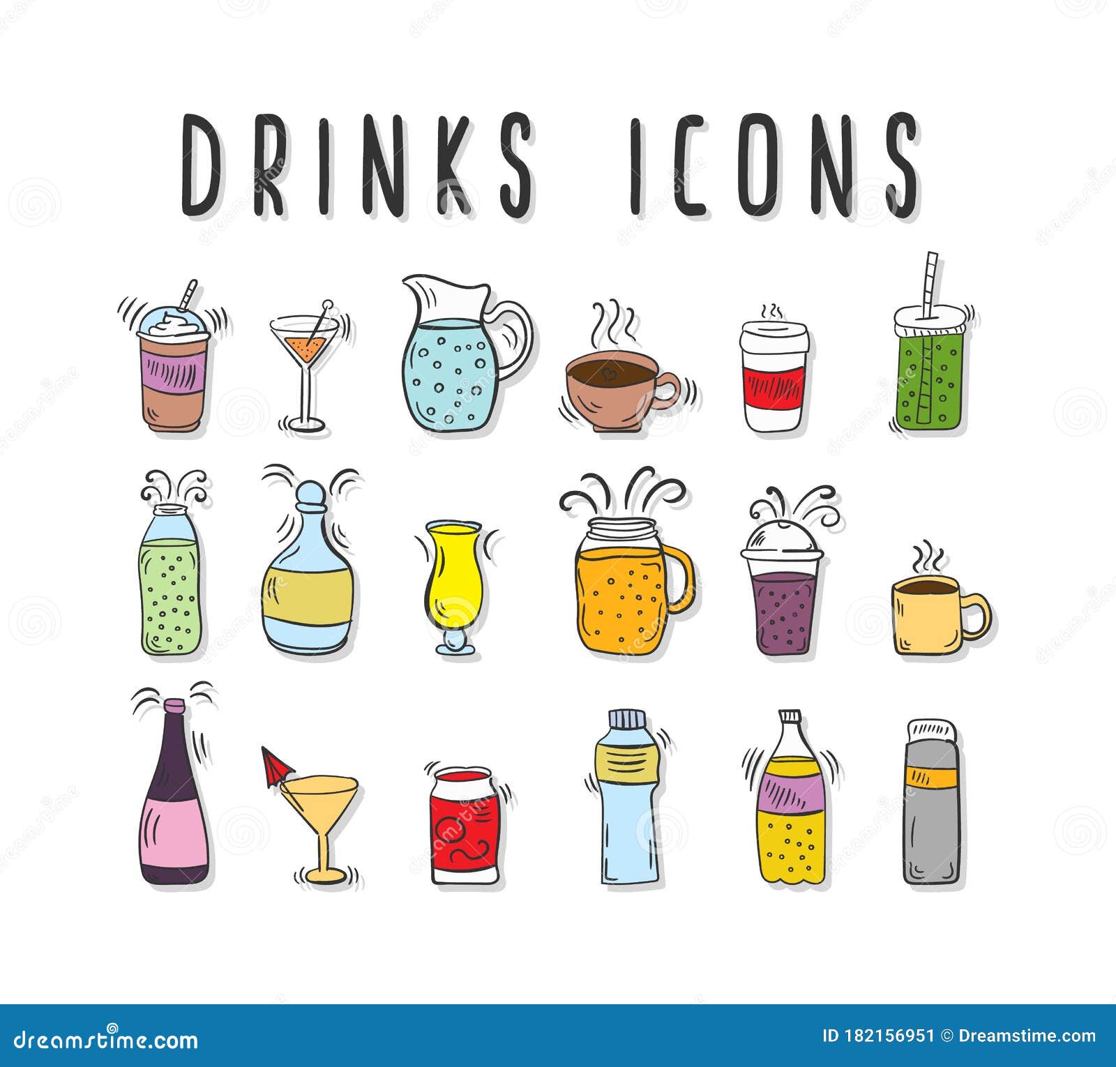 Set cocktails, doodle. stock vector. Illustration of colorful - 182156951