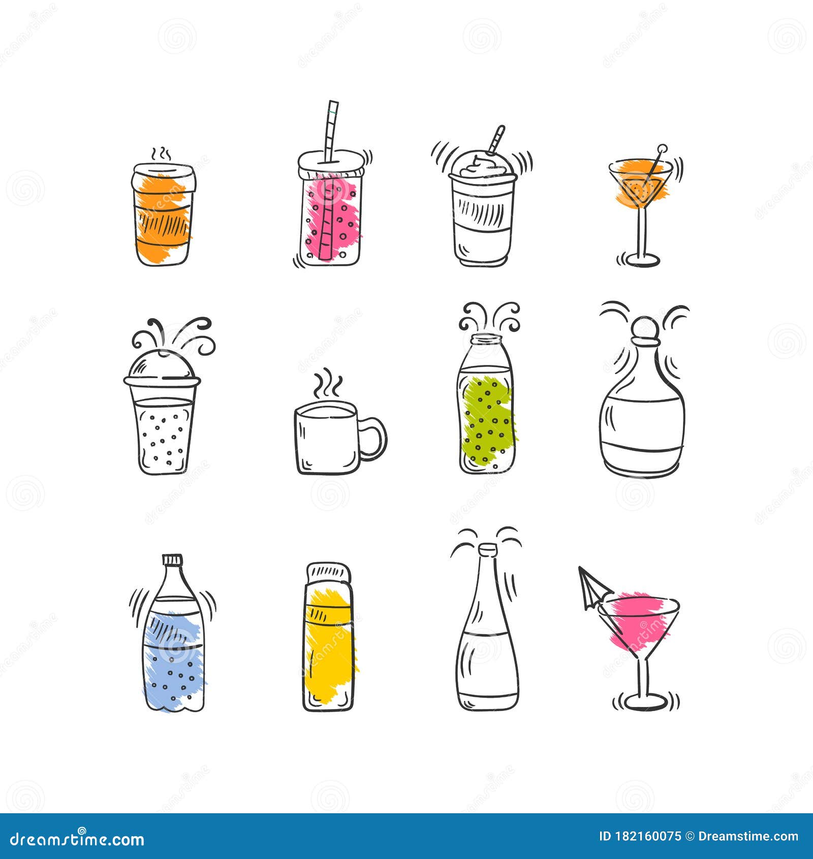 Set cocktails, doodle. stock vector. Illustration of design - 182160075