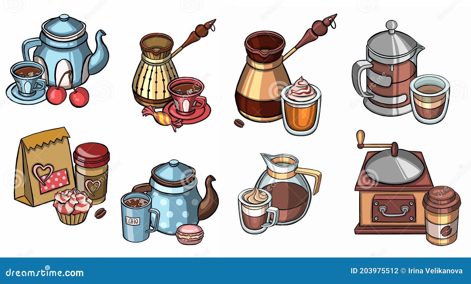 Doodle Coffee Shop Items with Seamless Pattern Stock Illustration ...