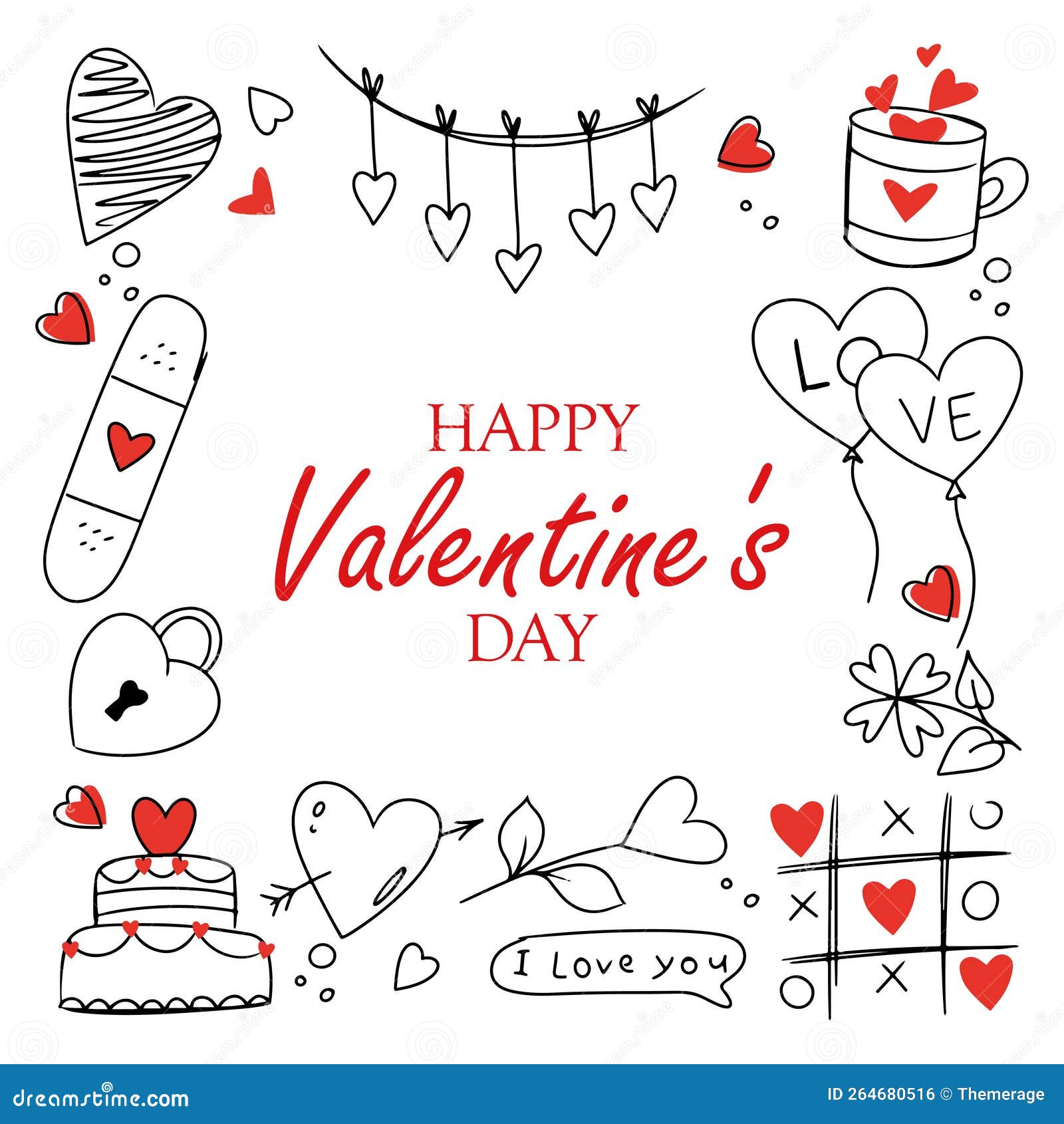 Doodle Collection of Valentines Day Elements in Hand Drawn Style Stock ...