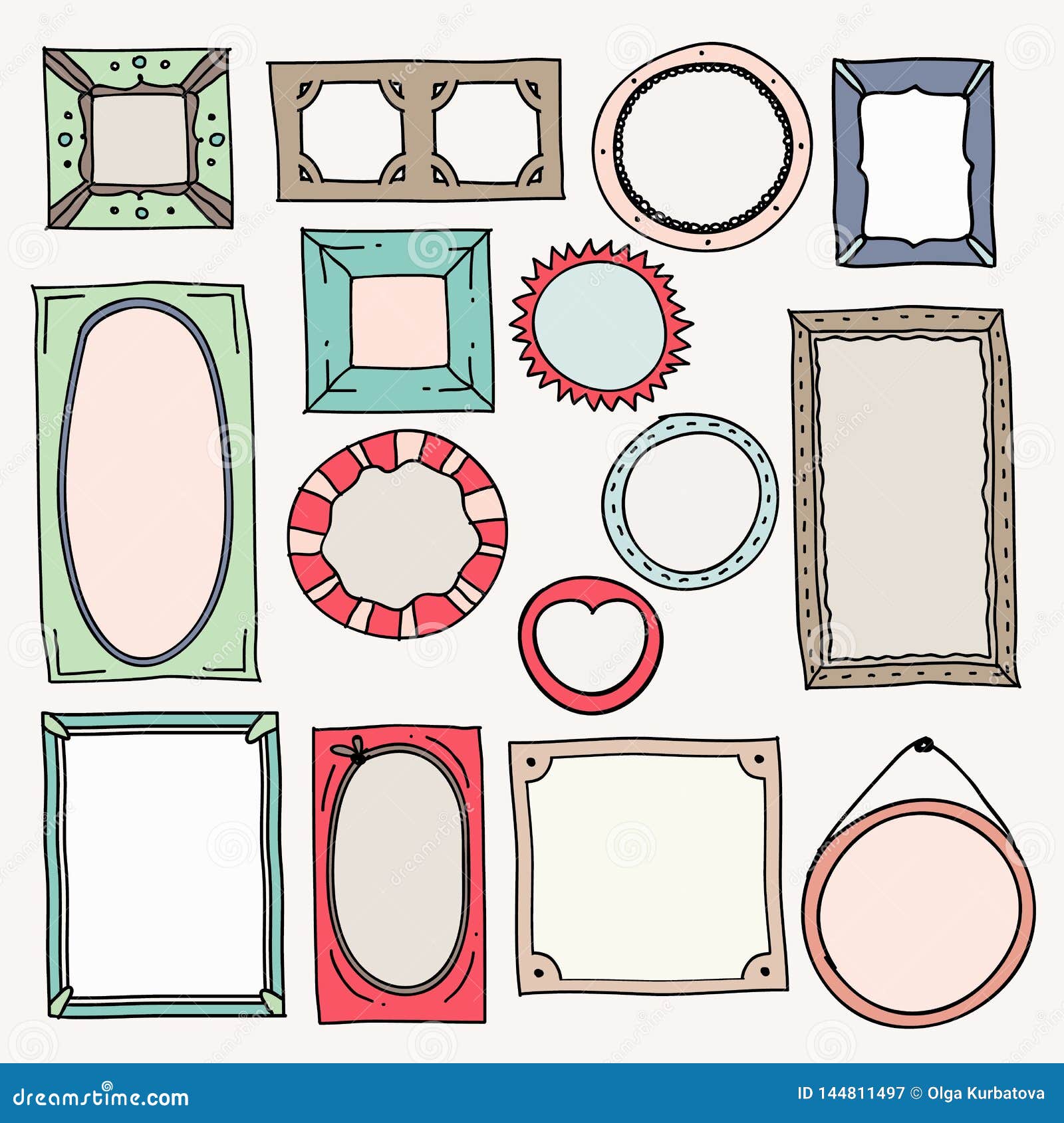 Sketch Color Frames. Vintage Photo Frame Hand Drawn Square Oval Picture ...