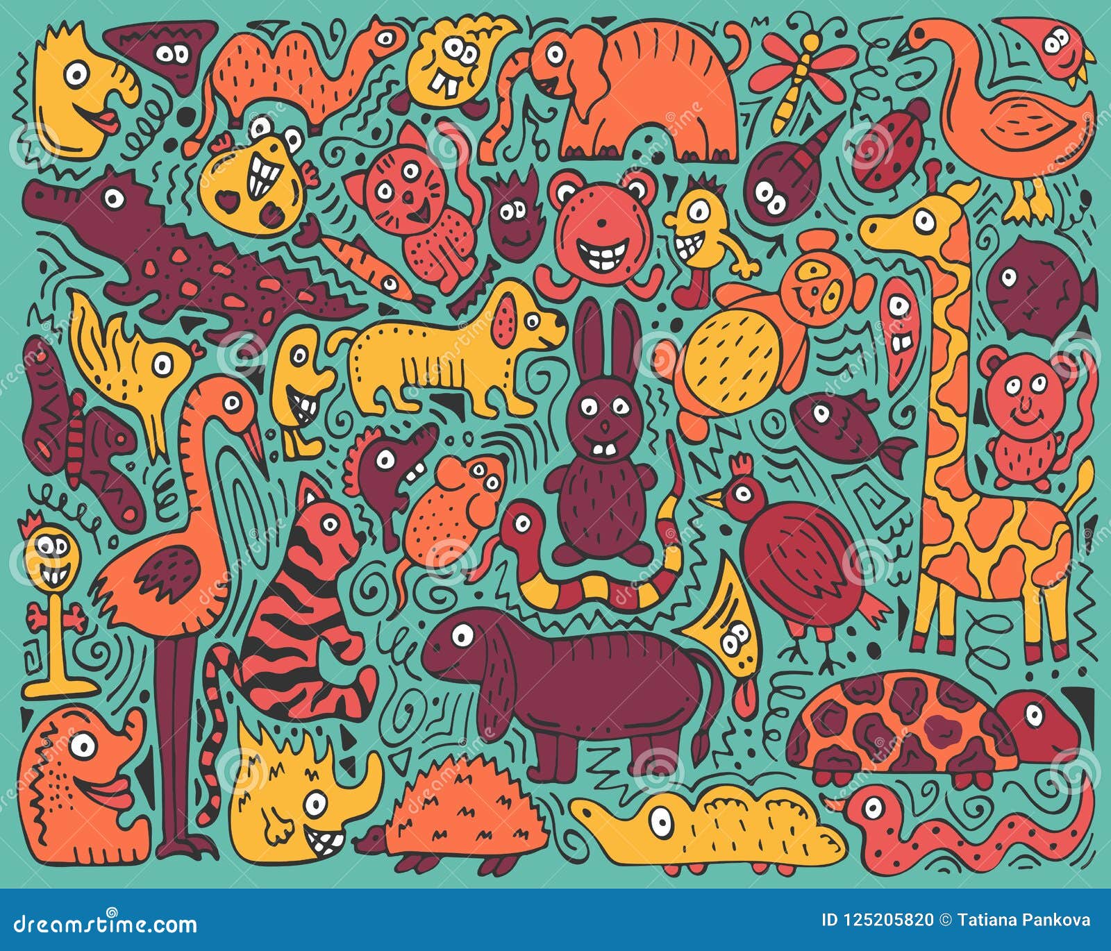 Doodle Color Poster with Hand-drawn Zoo Animals Stock Vector ...