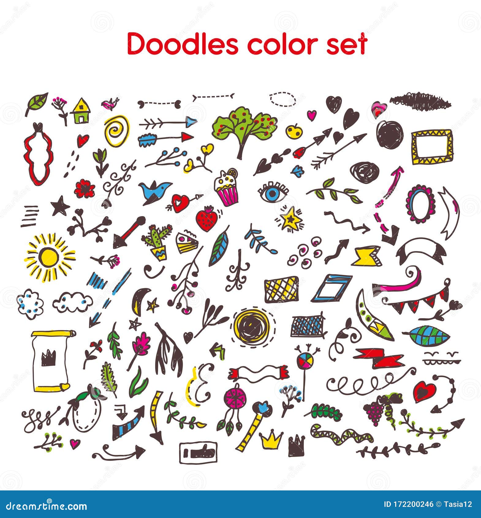 Doodle Color Set with Many Icons. Vector Illustrations Stock Vector ...