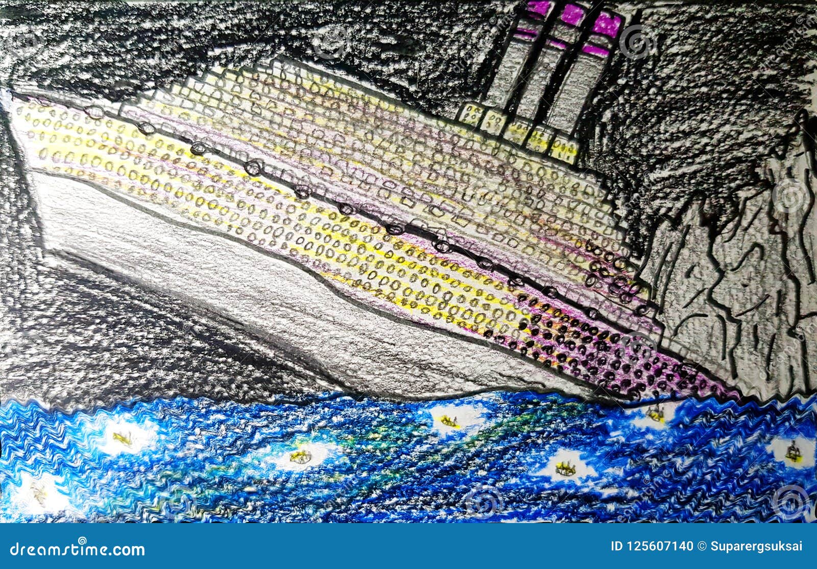 Doodle with Colors of Large Ship Sinking into the Ocean Stock ...