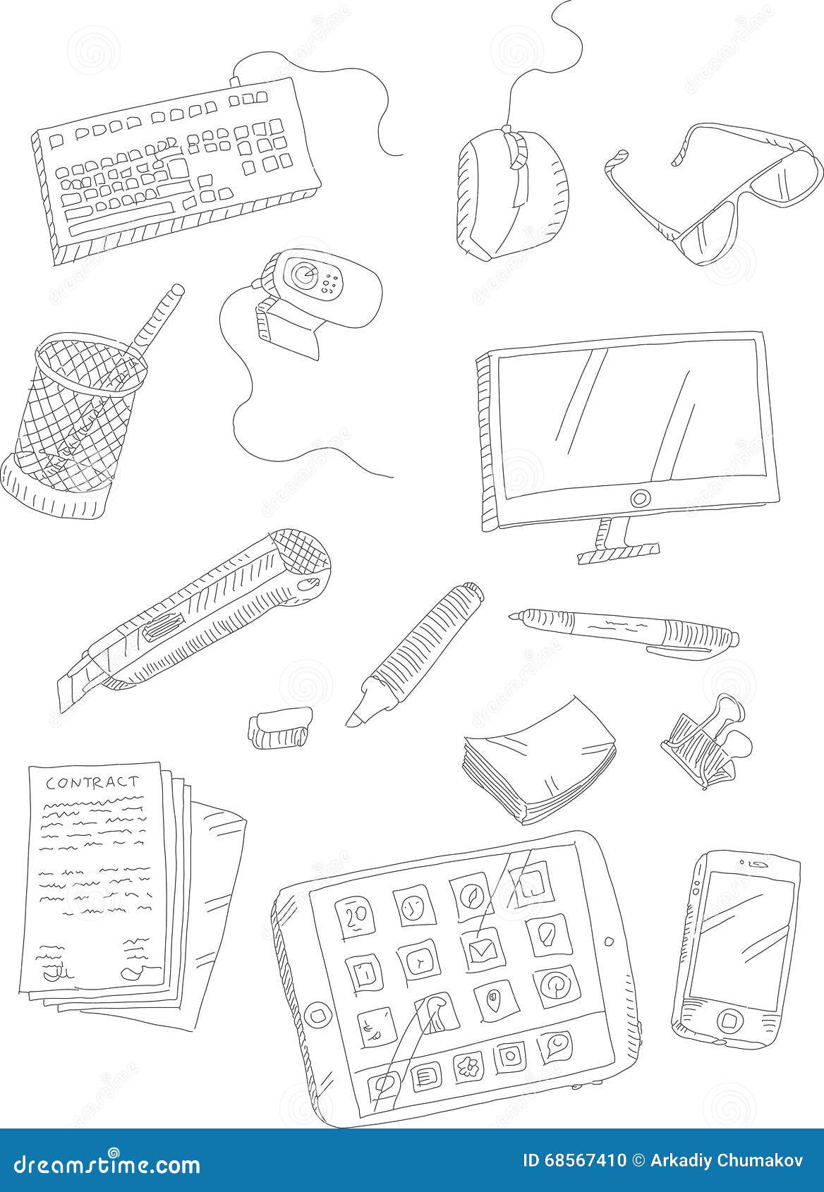 Doodle Computer Things and Stationery Stock Illustration - Illustration ...