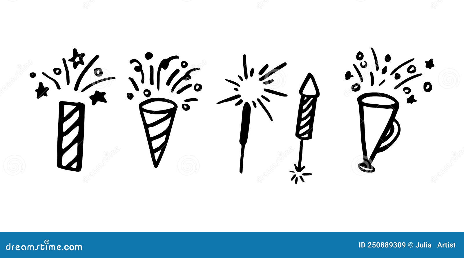 Doodle Confetti Popper Set. Black on White Stock Vector - Illustration ...