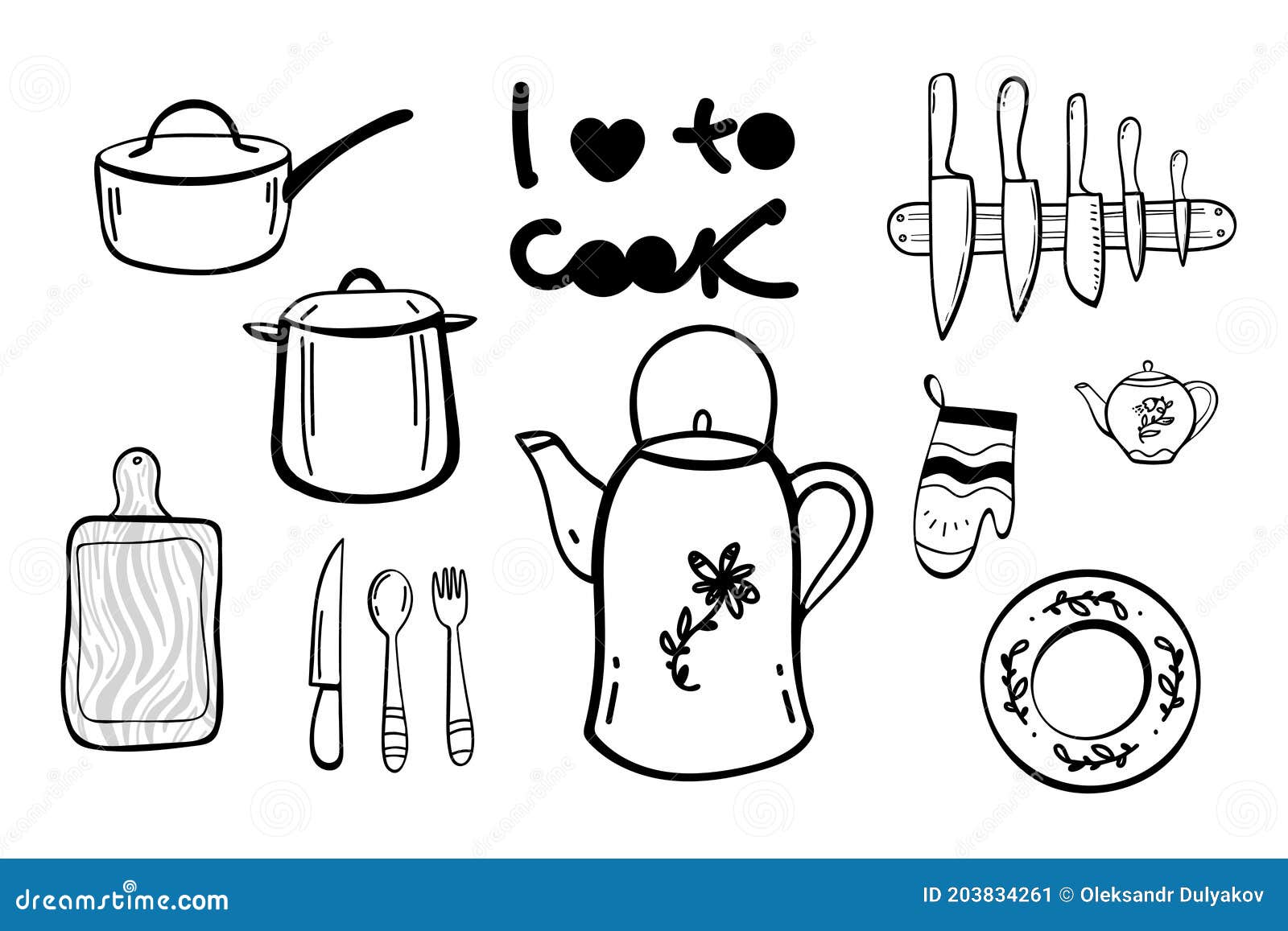 Doodle Cook`s Tools and Items Set. Hand-drawn Design Elements. Vector ...