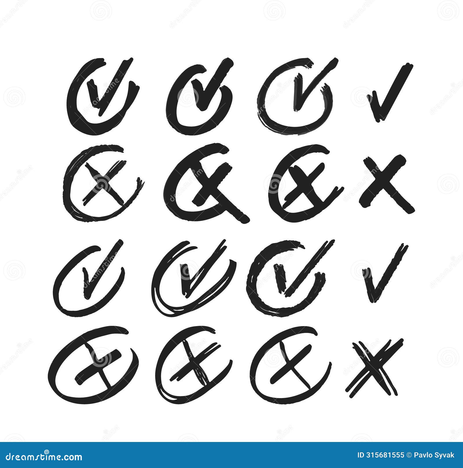 Doodle Cross and Check Marks Inside of Round Frames. Vector X Symbol ...