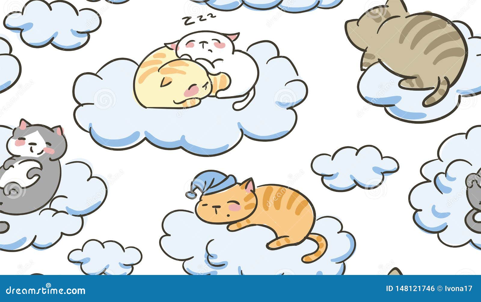 Doodle Cute Little Cat Vector Seamless Pattern Sleep Clouds Stock ...