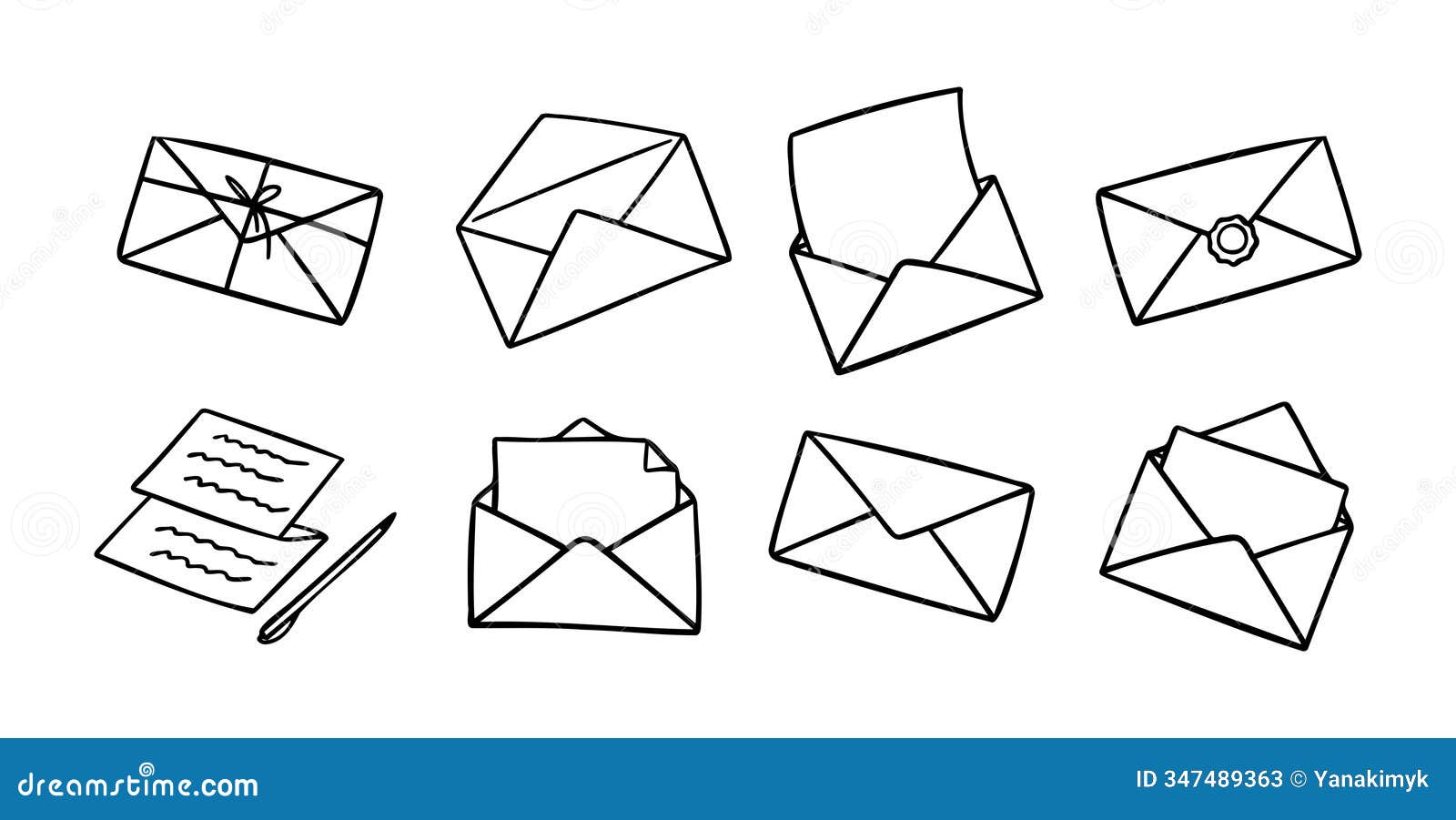 Doodle Cute Mail Outline Letters and Envelope Set. Hand Drawn Outline ...