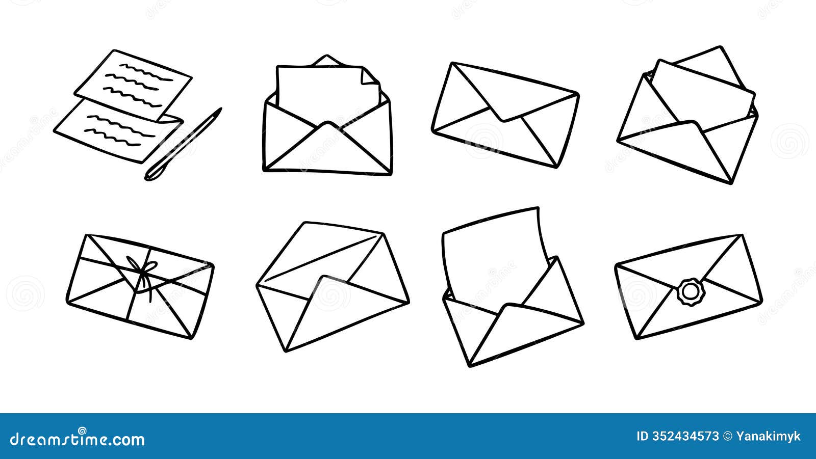 Doodle Cute Mail Outline Letters and Envelope Set. Hand Drawn Outline ...
