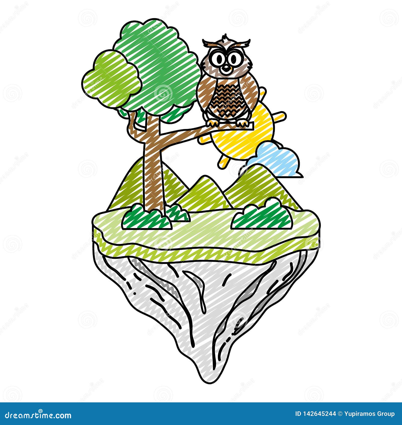 Doodle Cute Owl Animal in Float Island Stock Vector - Illustration of ...