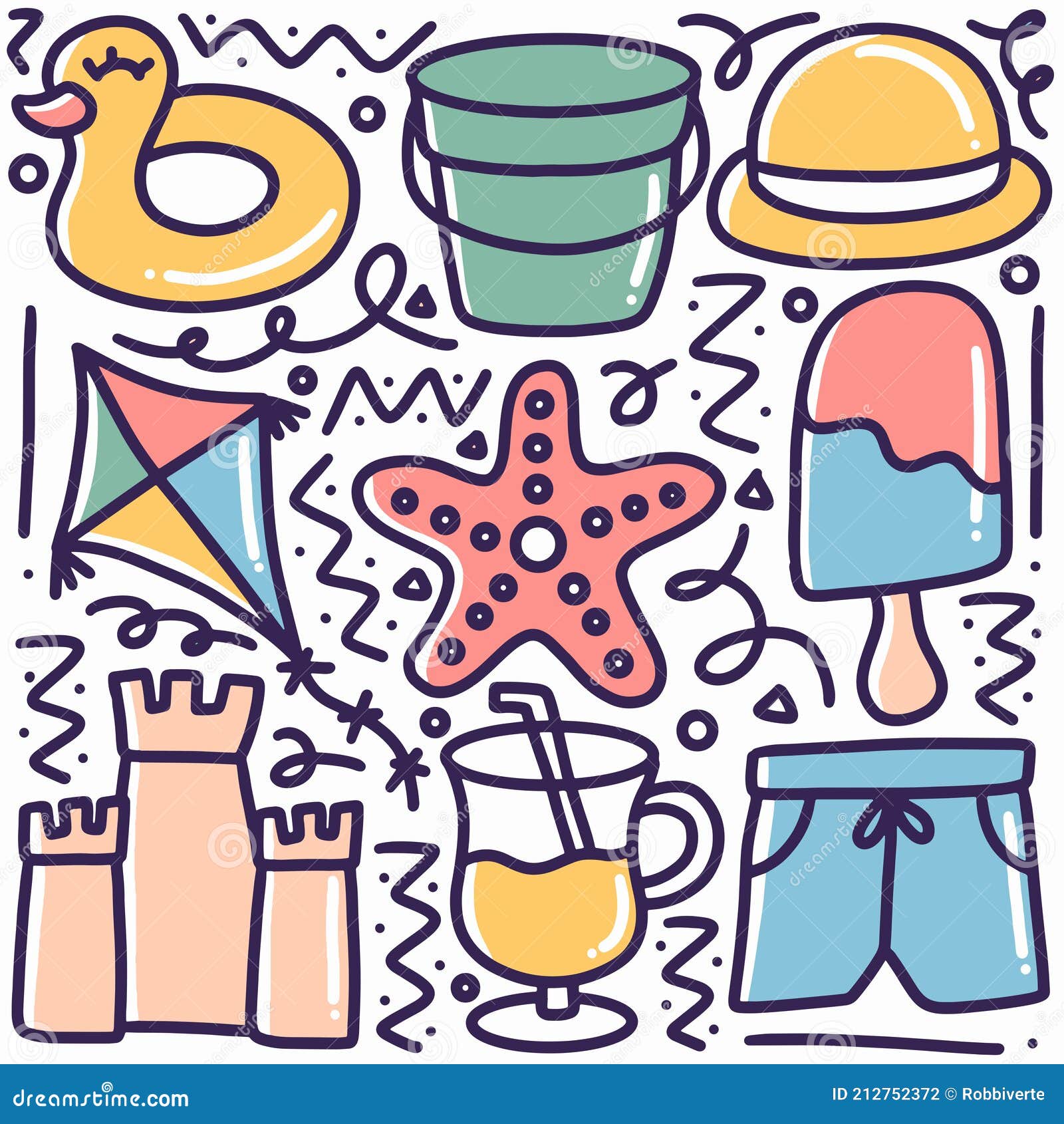 Doodle Depicting Hand-drawn Beach Tools Stock Vector - Illustration of ...