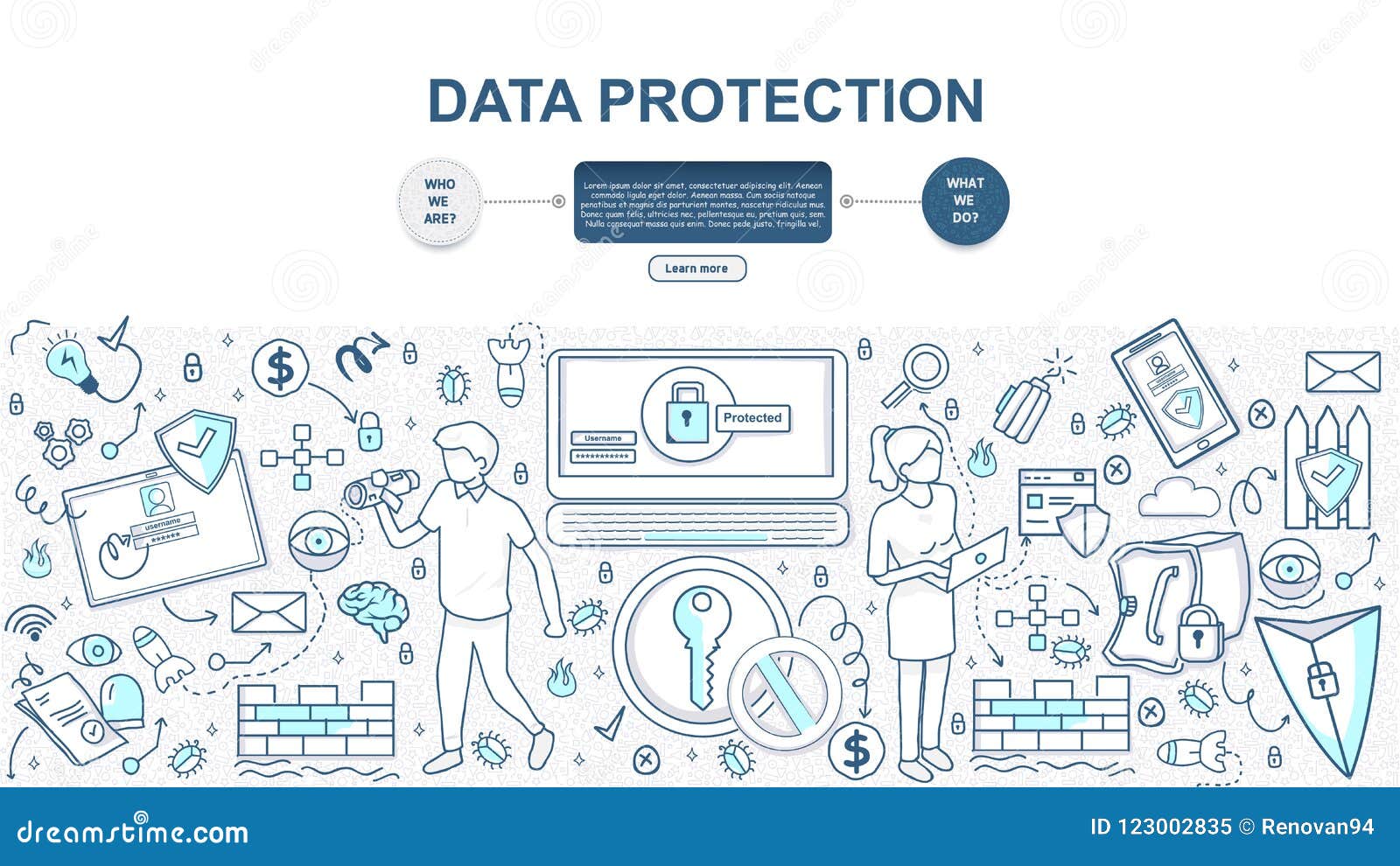 Doodle Design Style Concept of Online Data Protection Solution Stock ...