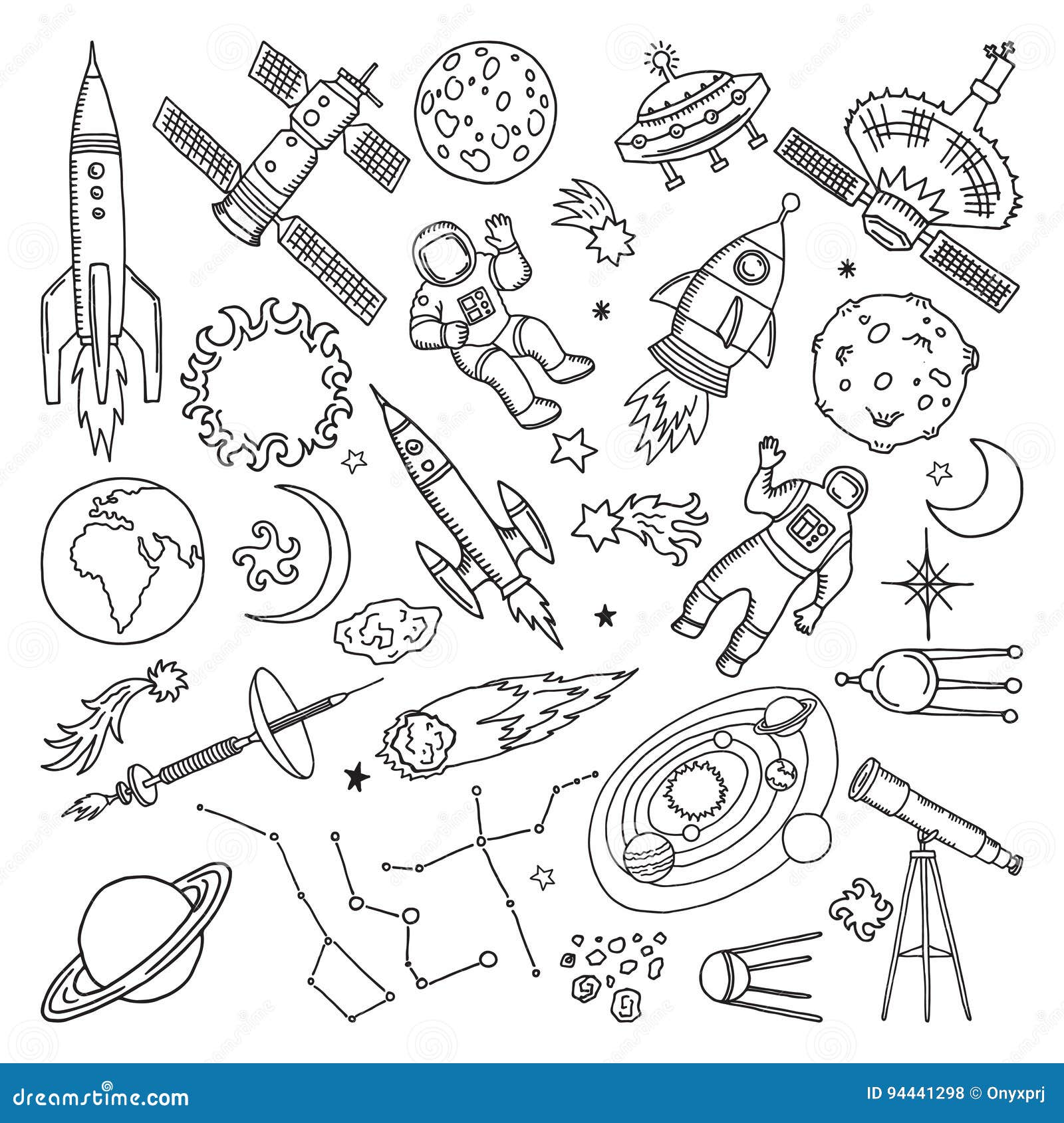 Doodle Different Universe Elements. Planets, Sun, Earth and Moon Stock ...