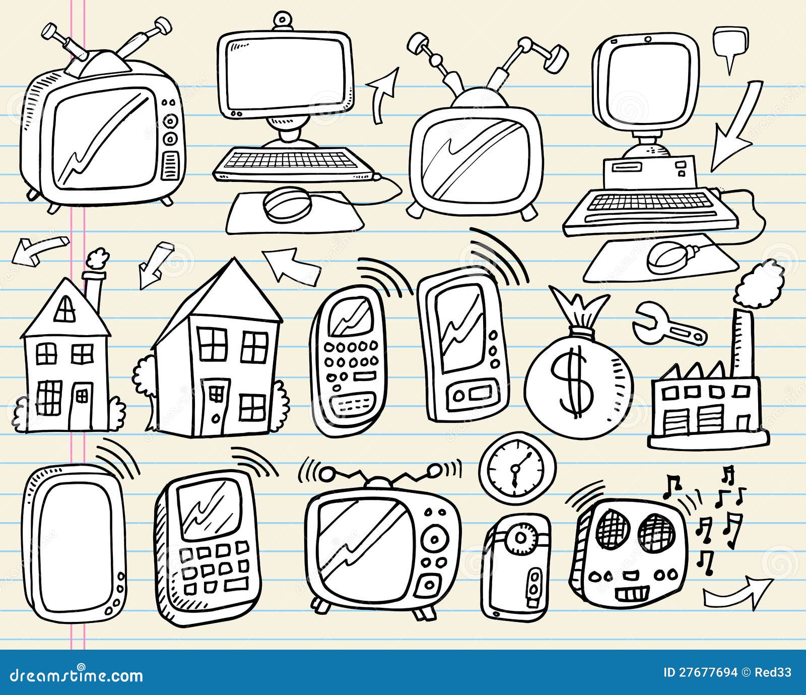Doodle Electronics Work Business Set Stock Vector - Illustration of ...