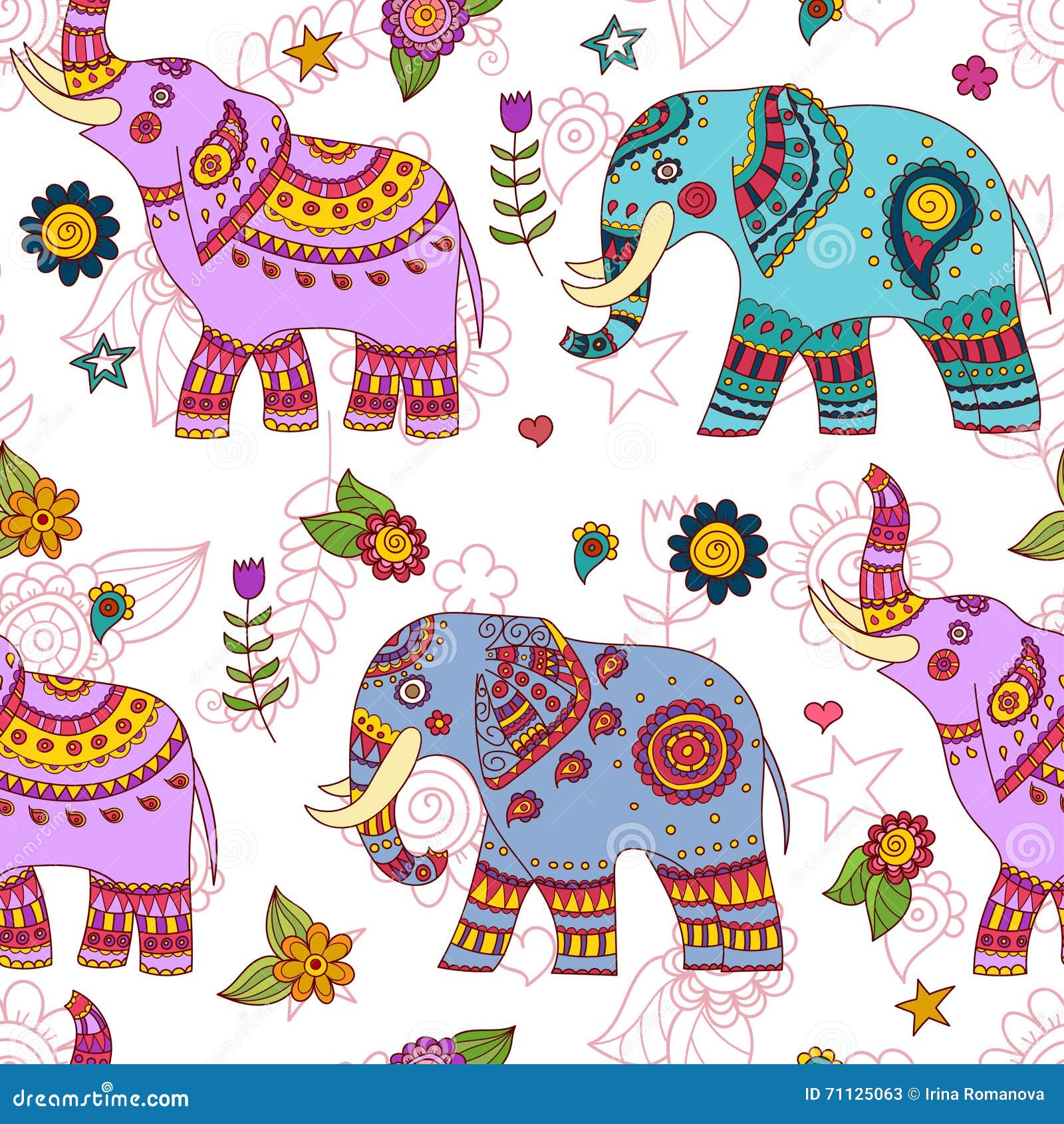 Doodle Elephants Seamless Pattern Stock Vector - Illustration of vector ...