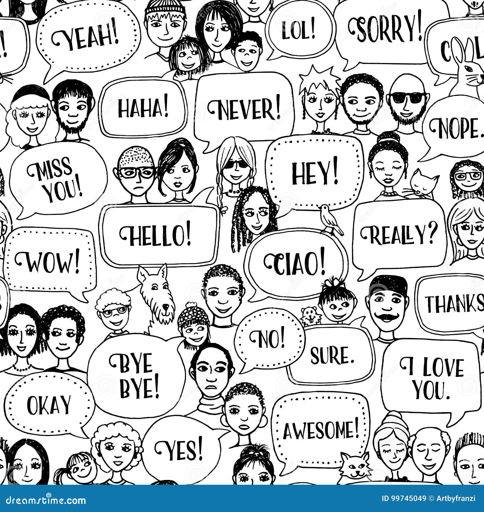 Doodle Faces with Speech Bubbles and Words Stock Vector - Illustration ...