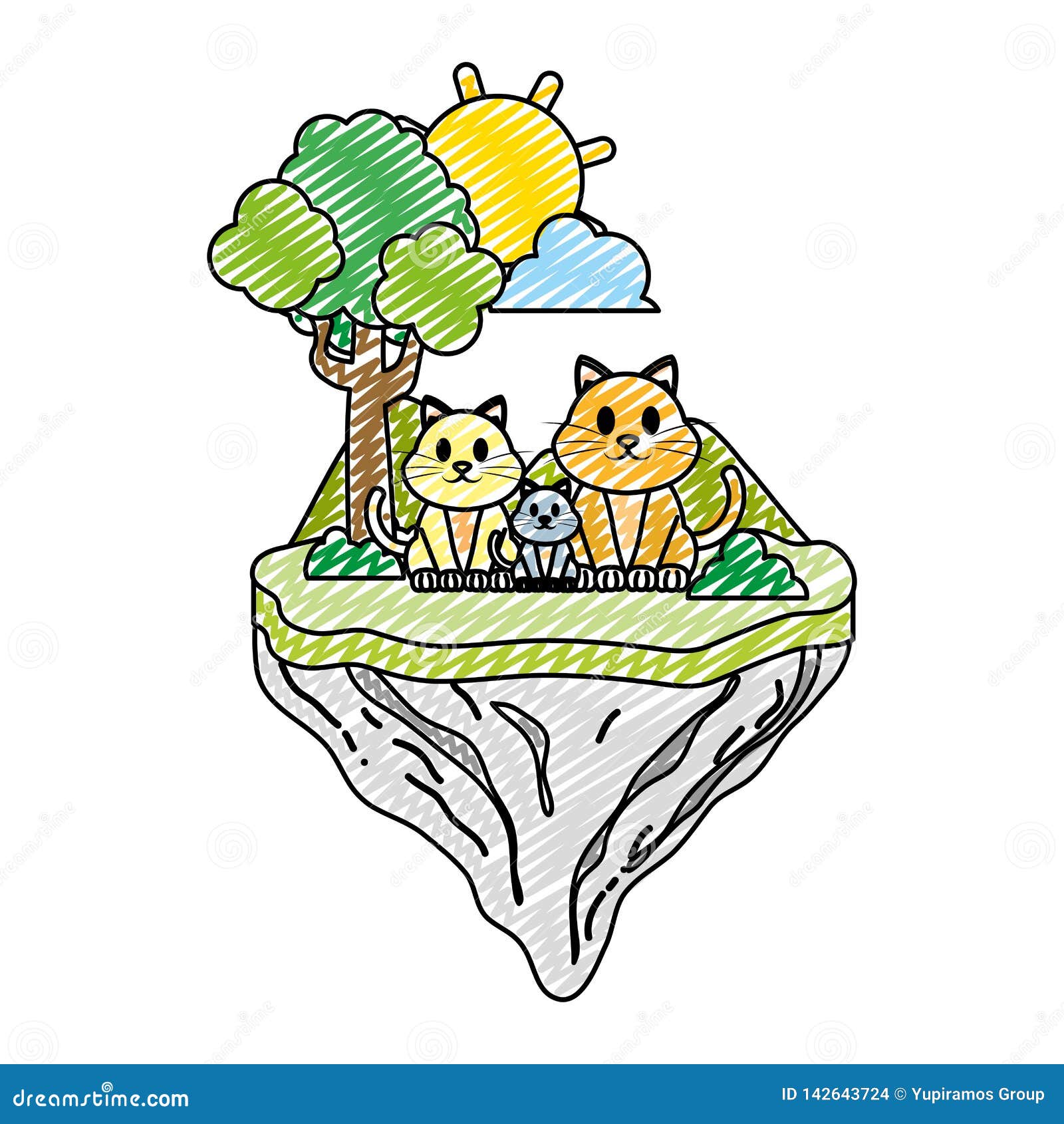 Doodle Family Cat Animal in Float Island Stock Vector - Illustration of ...