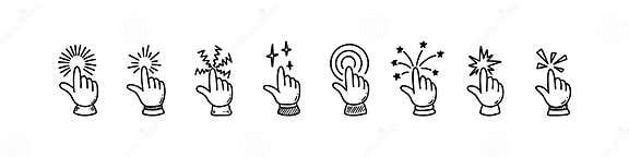 Doodle Finger Click Icon Set. Hand Drawn Hand Pointer. Press Here Tap ...