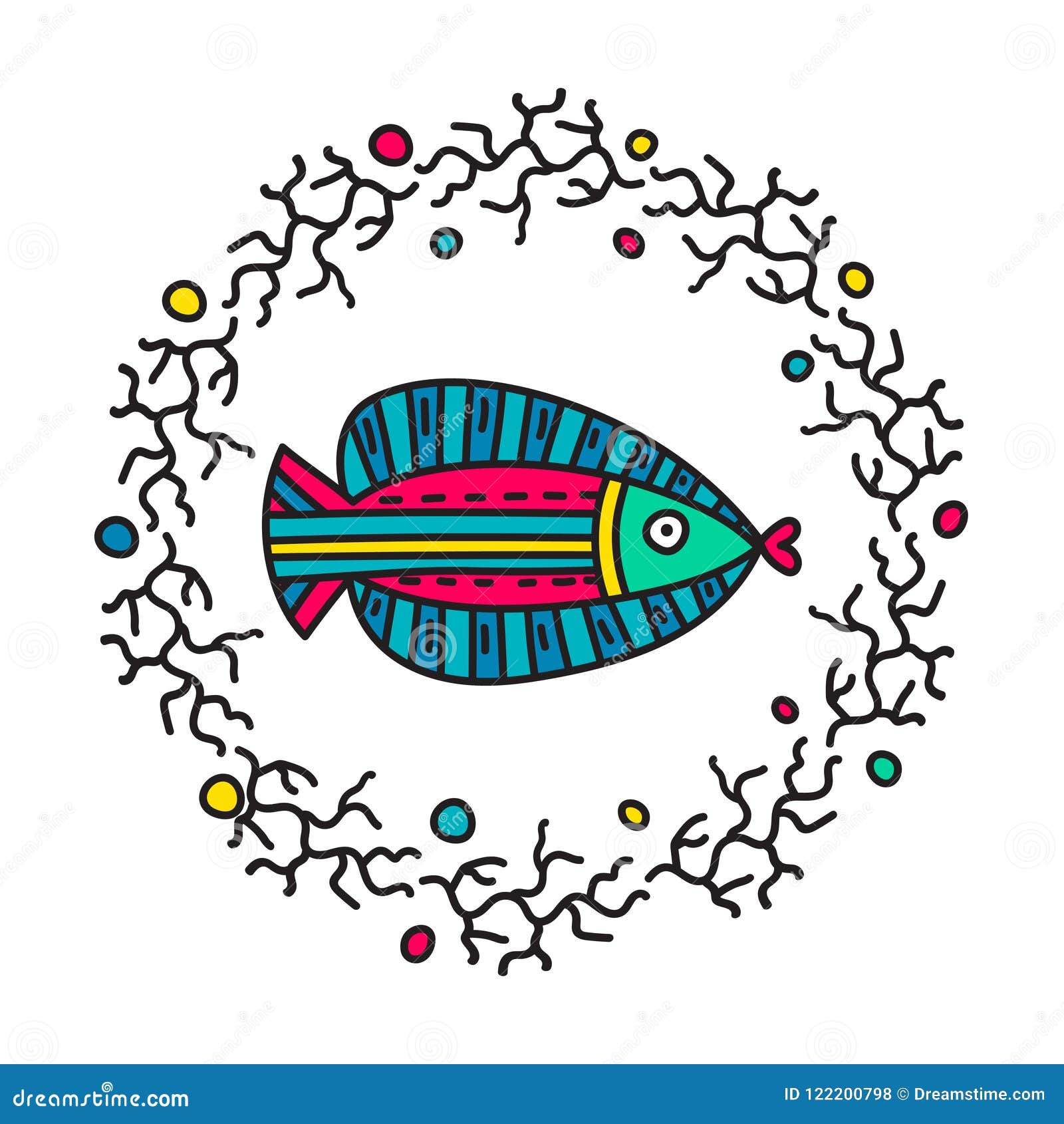 Doodle Fish in Circle Frame Stock Vector - Illustration of cute, life ...