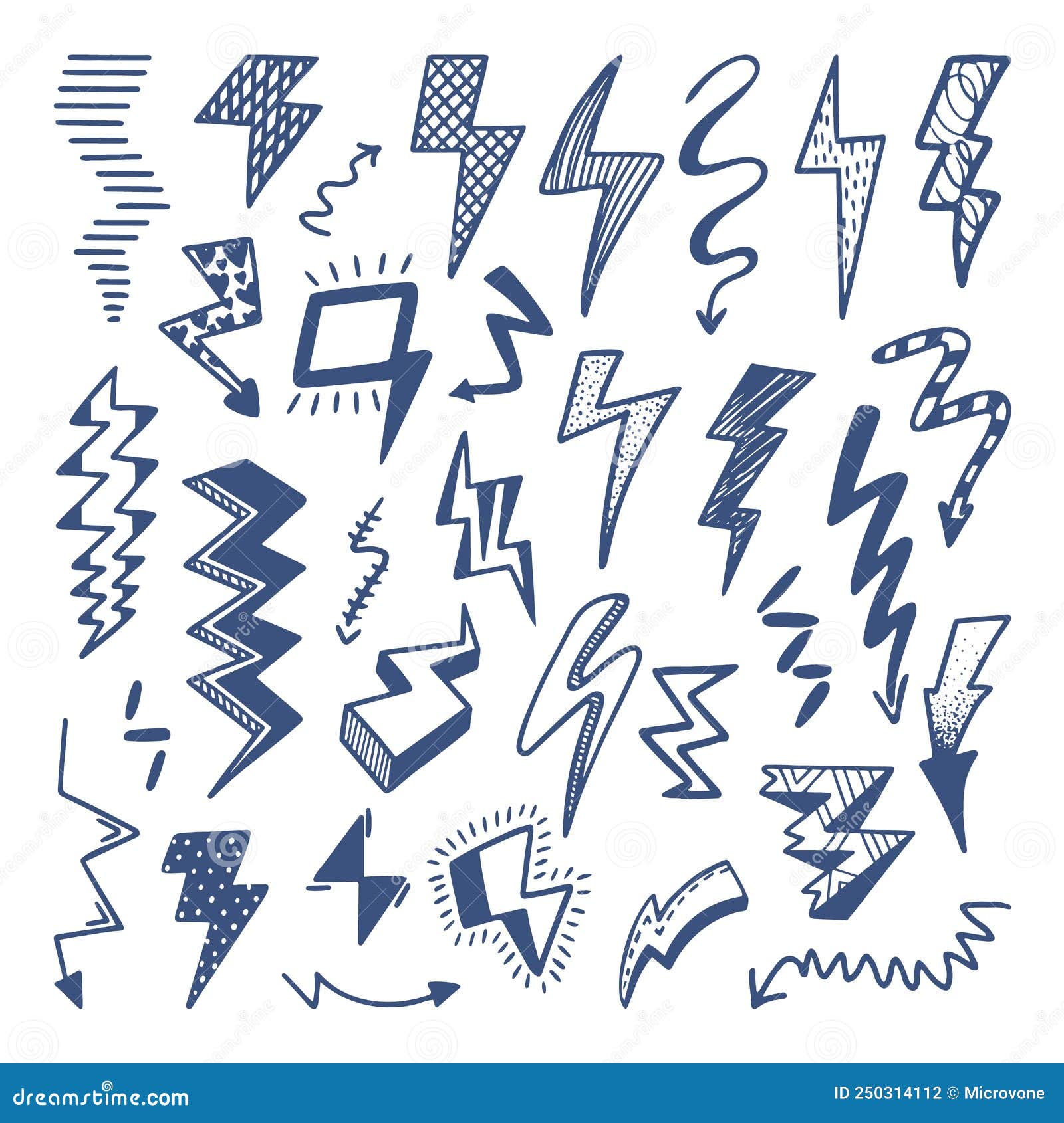 Doodle Flash Set. Thunder Lighting Drawing, Power or Electricity ...