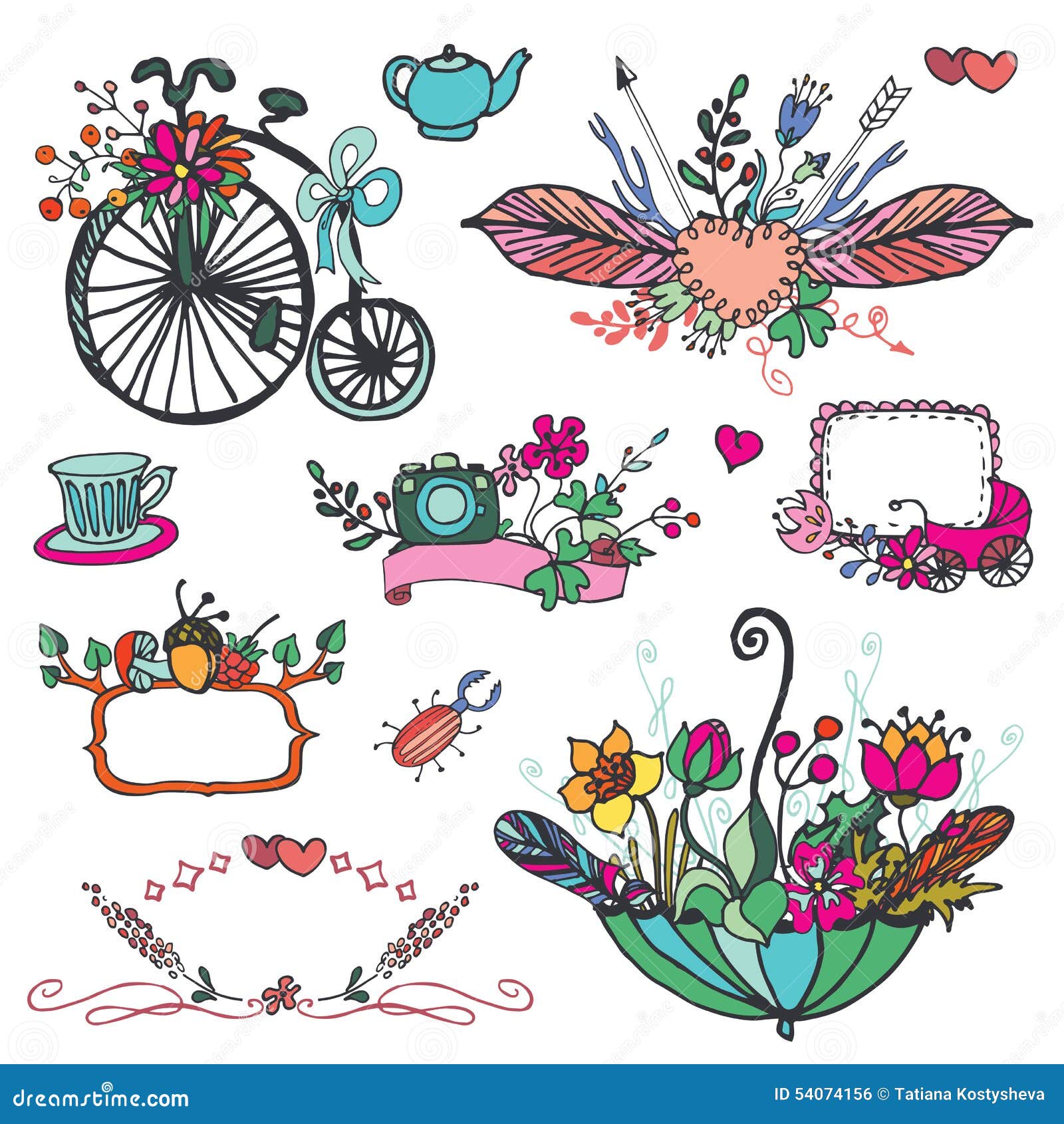 Doodle Floral Group,hand Sketched Vintage Element Stock Vector ...