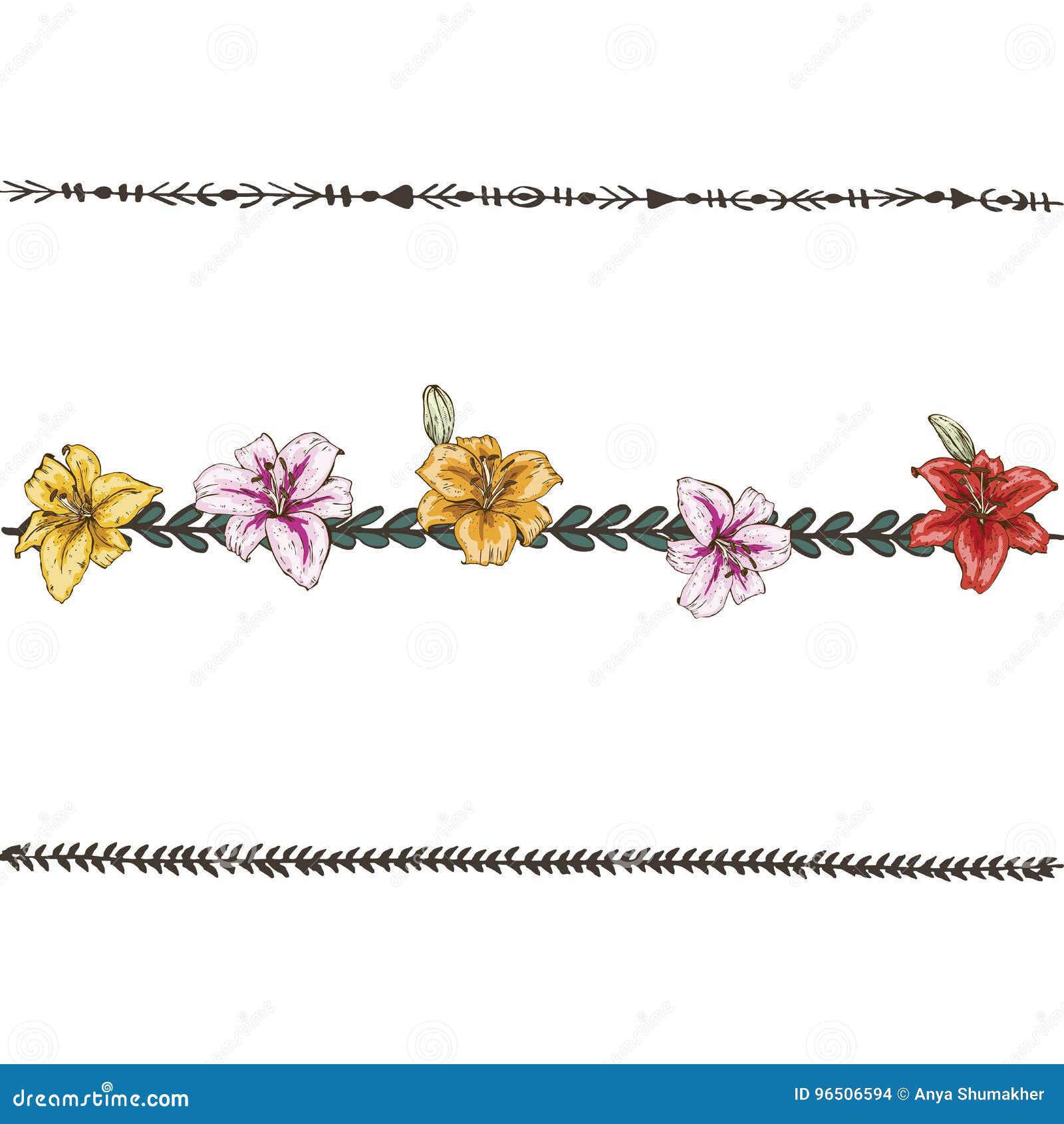 Doodle Floral Line with Colorful Lilies. Stock Illustration ...