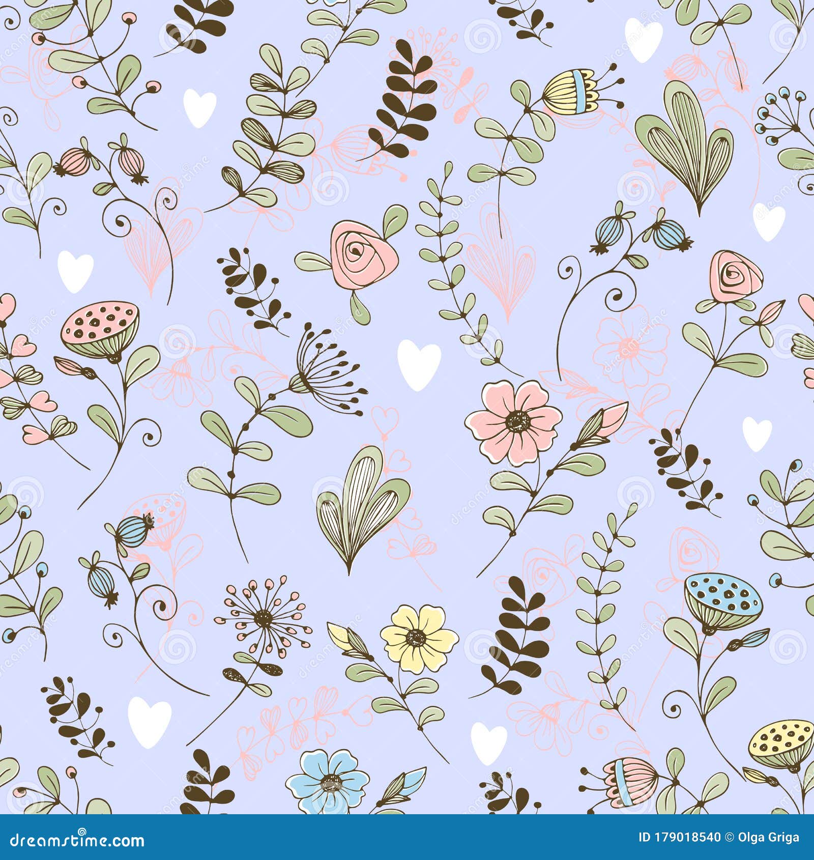 Doodle Flower Pattern Delicate Flowers on a Lilac Background. Vector ...