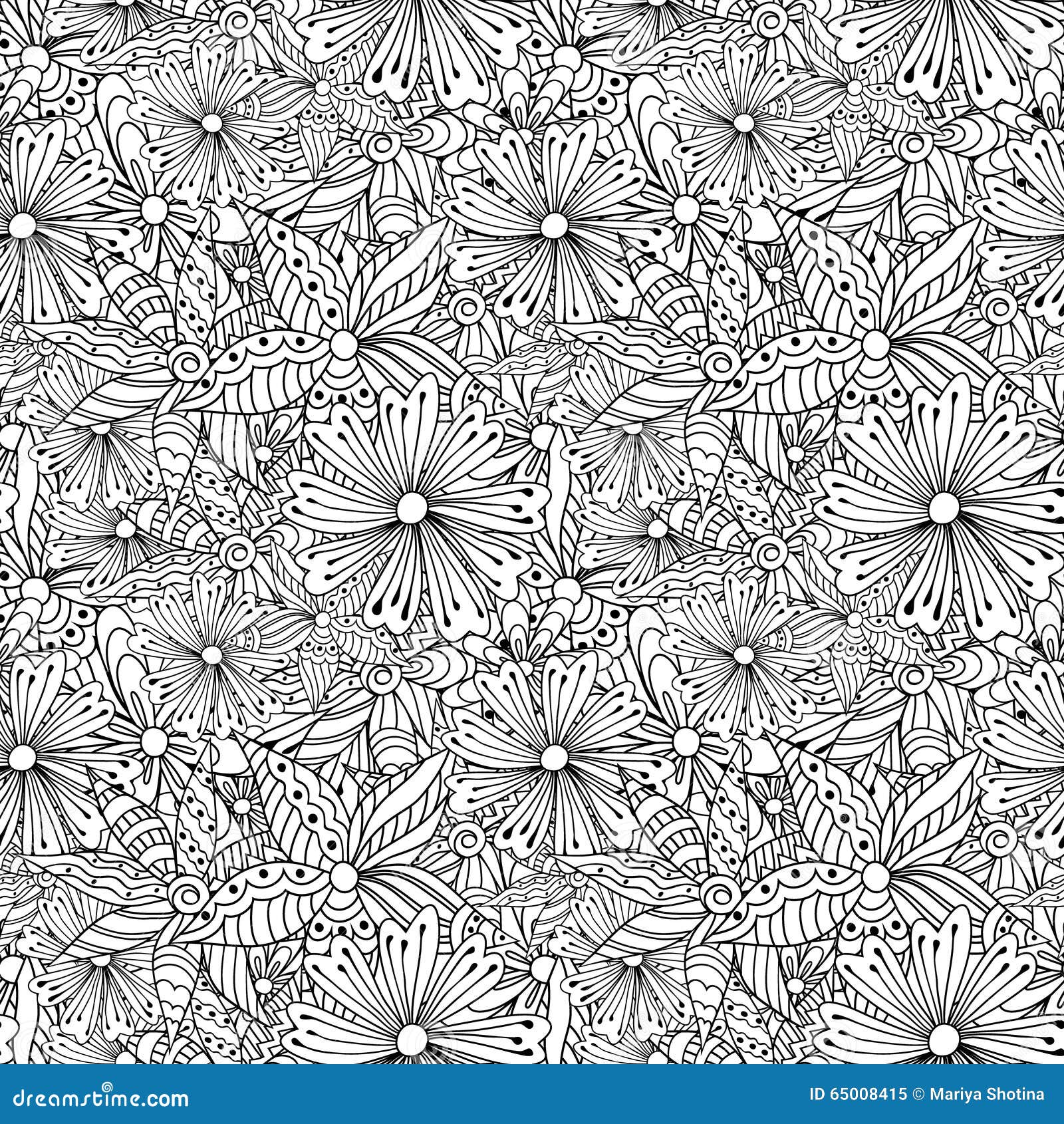 Doodle Flowers Monochrome Seamless Pattern. Stock Vector - Illustration ...