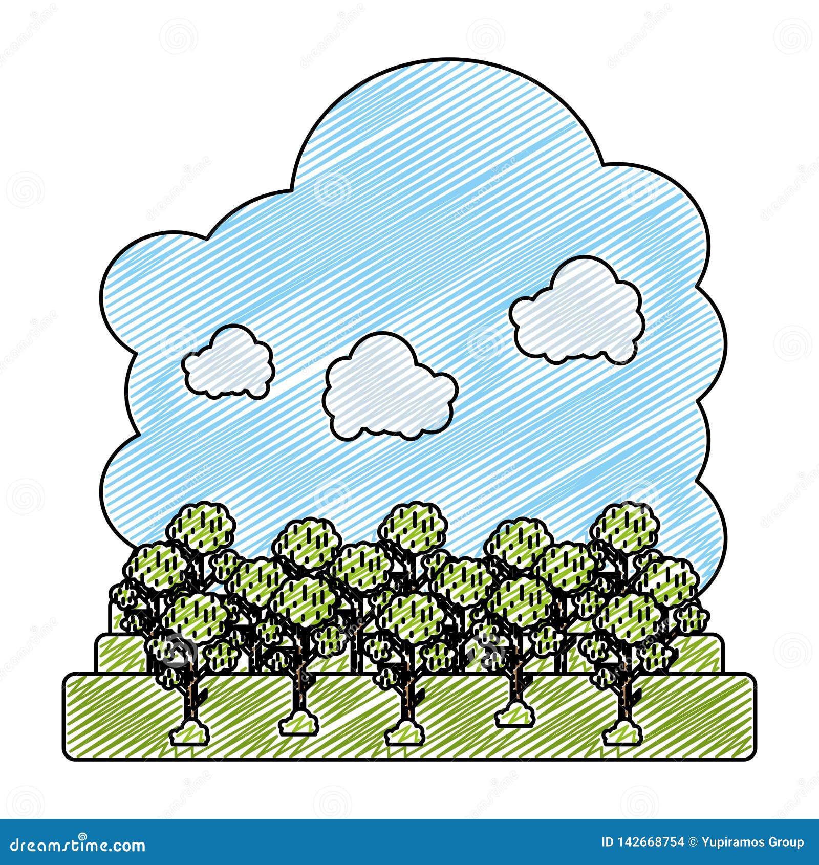 Doodle Fluffy Clouds and Nature Trees Landscape Stock Vector ...