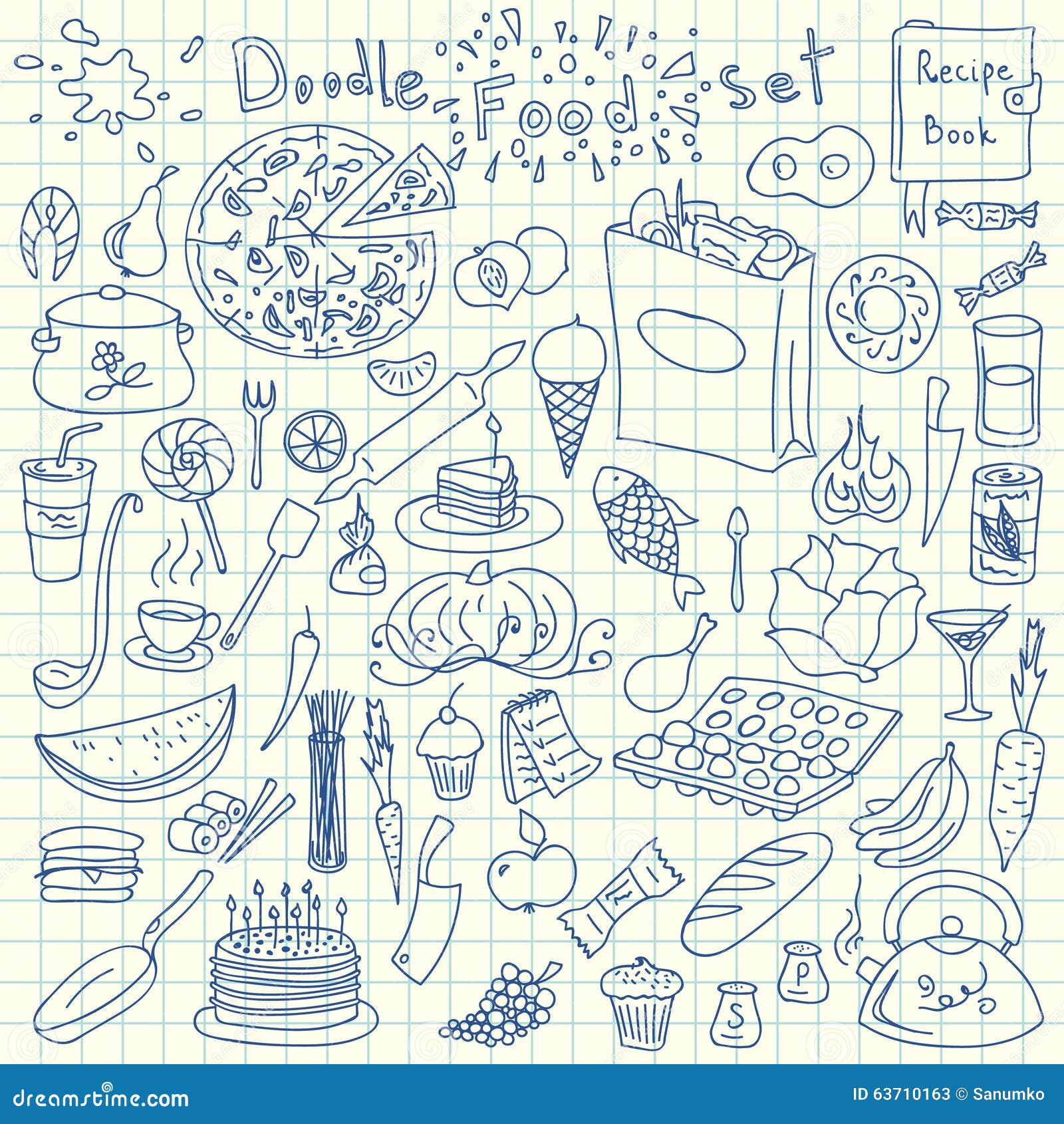 Doodle food elements set stock vector. Illustration of kitchen - 63710163